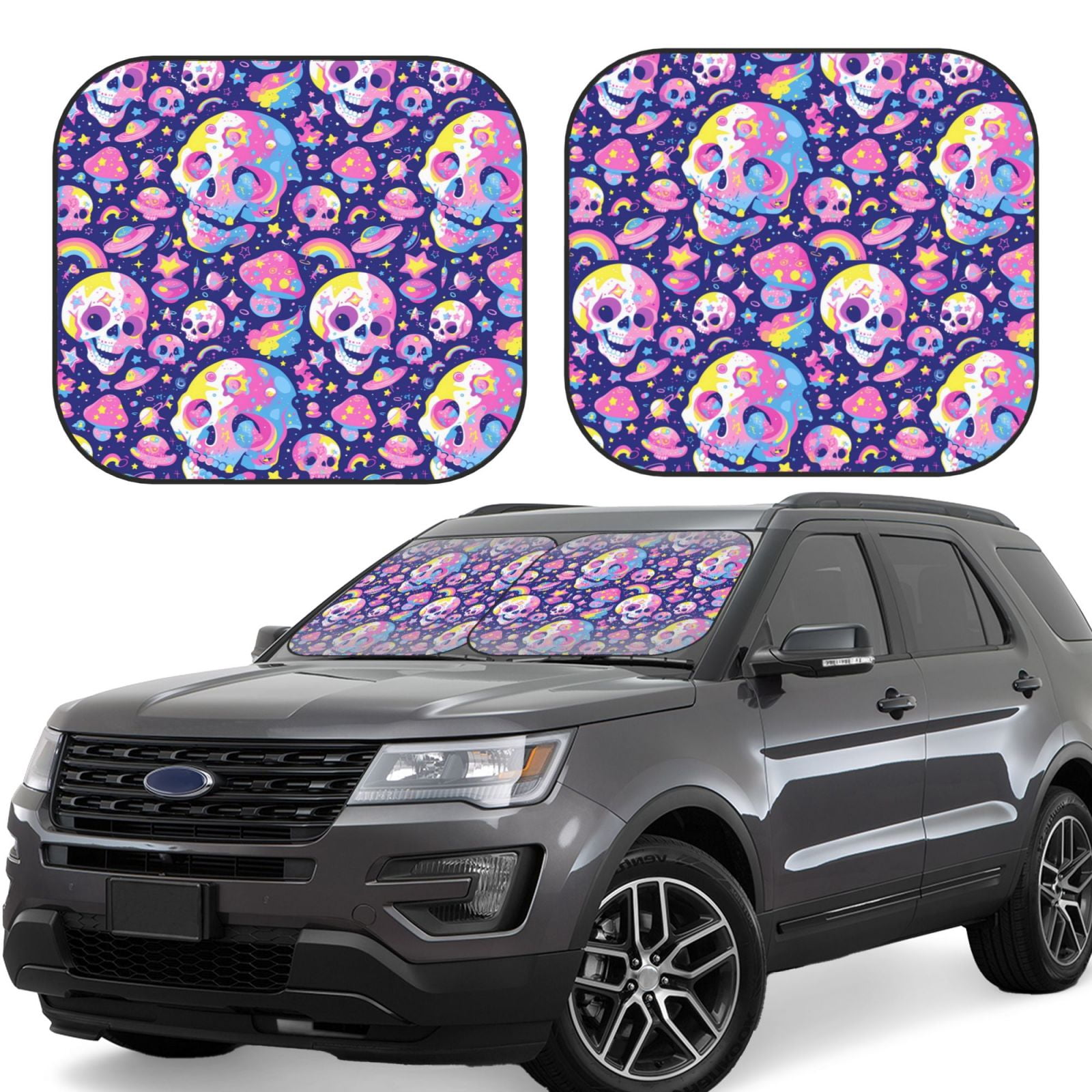 Windshield Sun Shade, Skull Colorful Mushroom 2-Piece Foldablecar ...