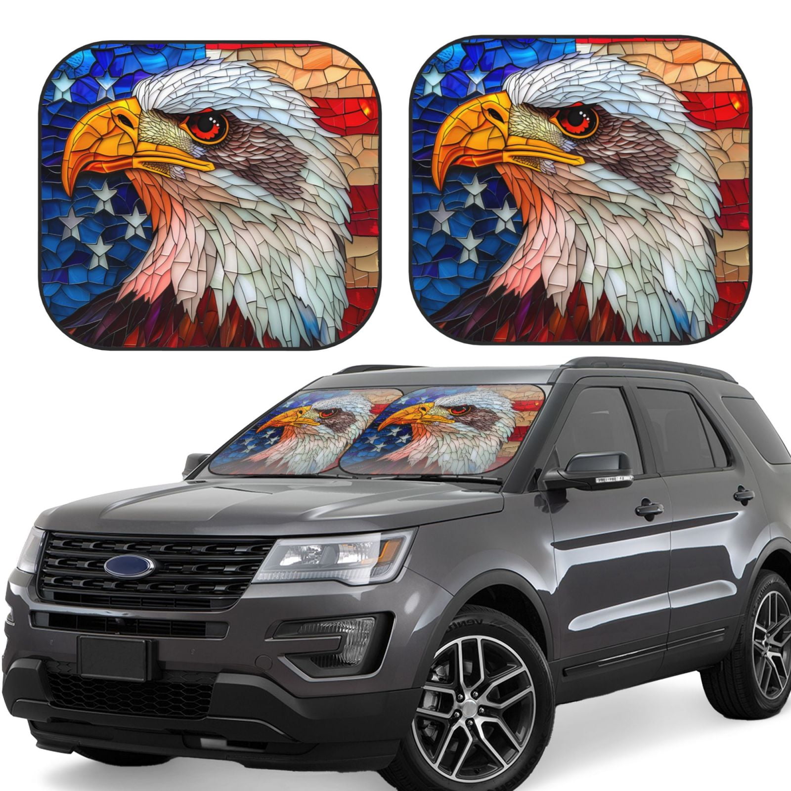 Windshield Sun Shade, Stained Glass Eagle Flag 2-Piece Foldablecar ...