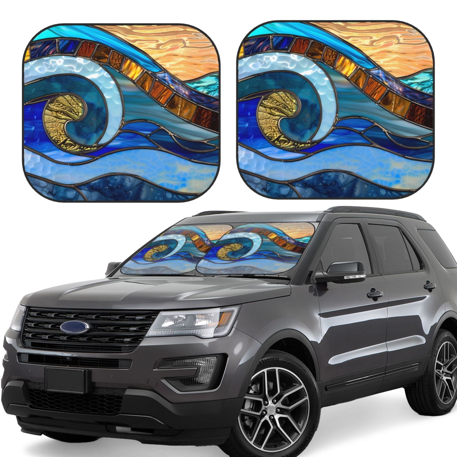 Windshield Sun Shade, Stained Glass Ocean Wave 2-Piece Foldablecar ...