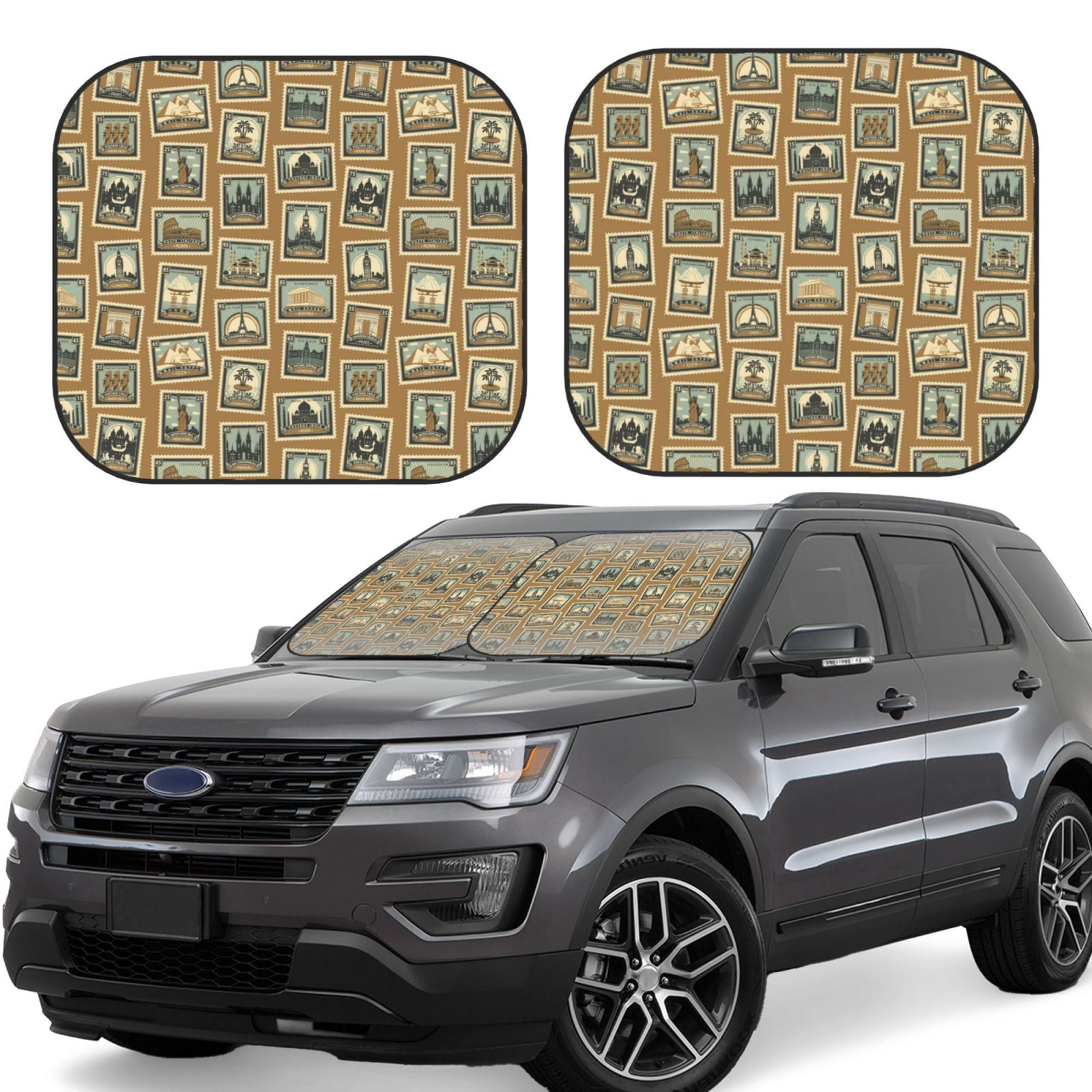 Windshield Sun Shade, Stamp Pattern Worlds Foldable Car Sun Shade ...