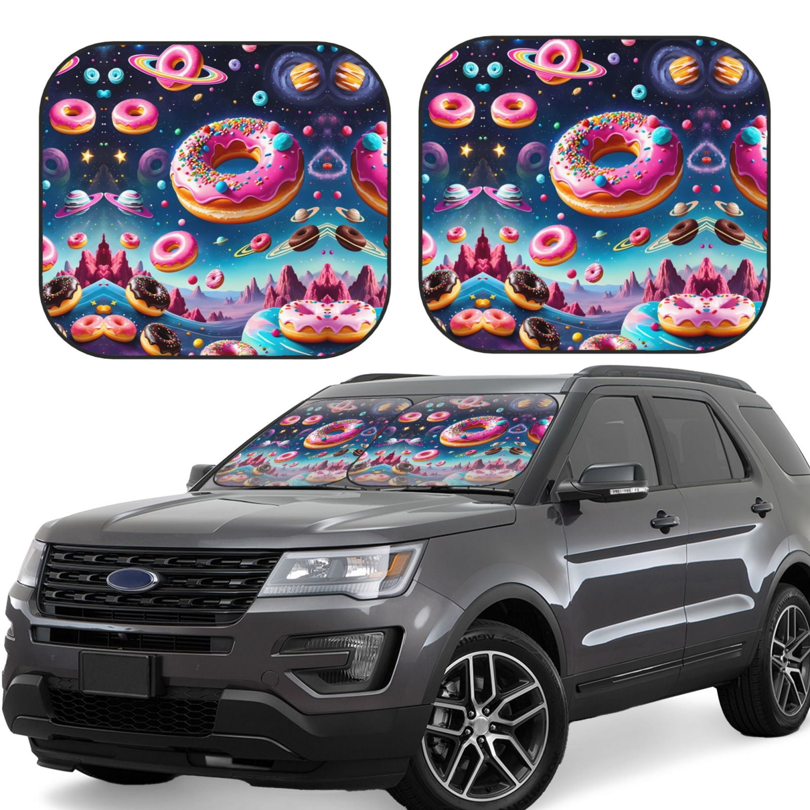 Windshield Sun Shade Starry Sky Colorful Donut 2 Pieces Car Front Sun ...