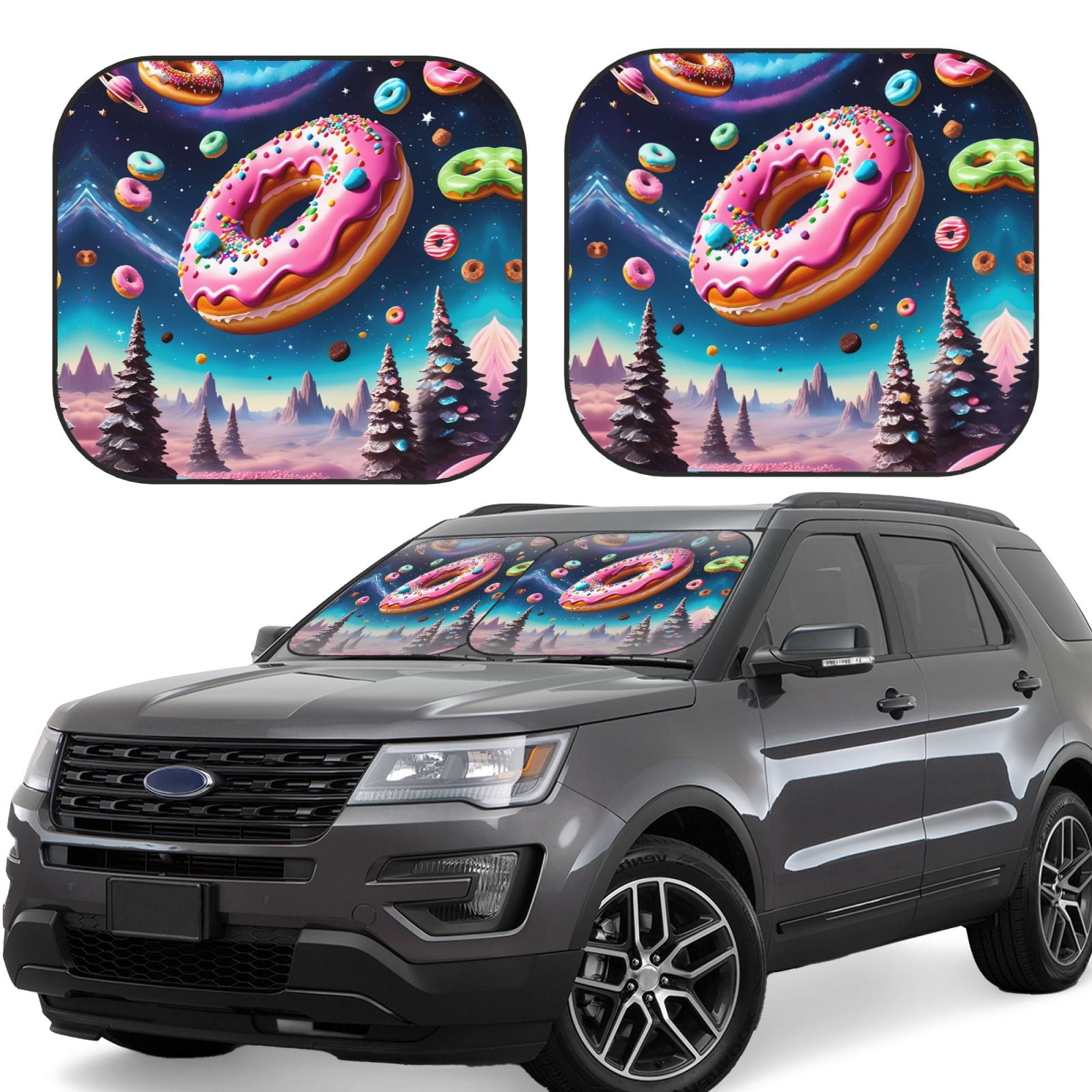 Windshield Sun Shade, Starry Sky Pine Tree Donut Foldable Car Sun Shade ...