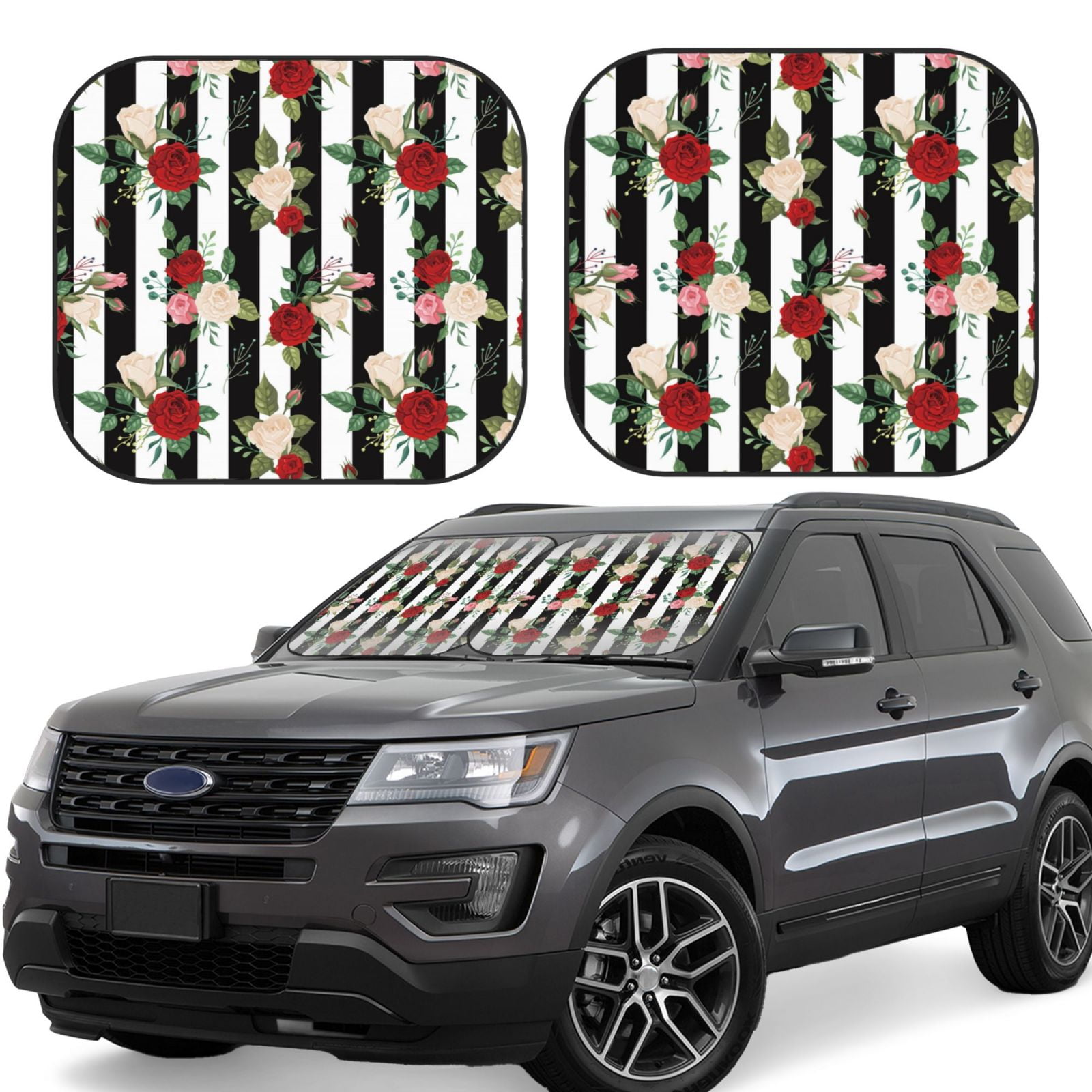 Windshield Sun Shade, Stripe Rose Flowers Foldable Car Sun Shade ...