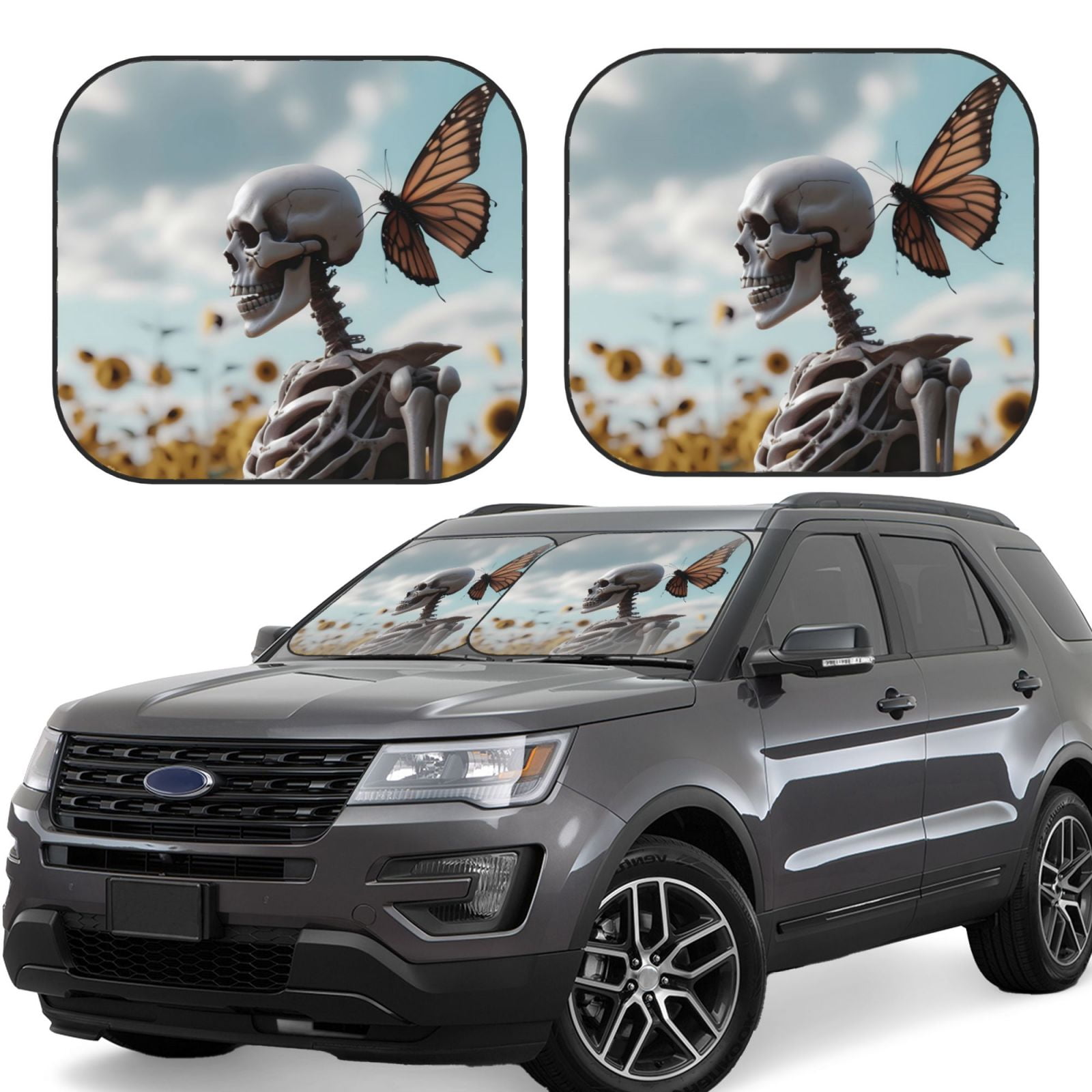 Windshield Sun Shade, Sunflower Butterfly Skull 2-Piece Foldablecar ...