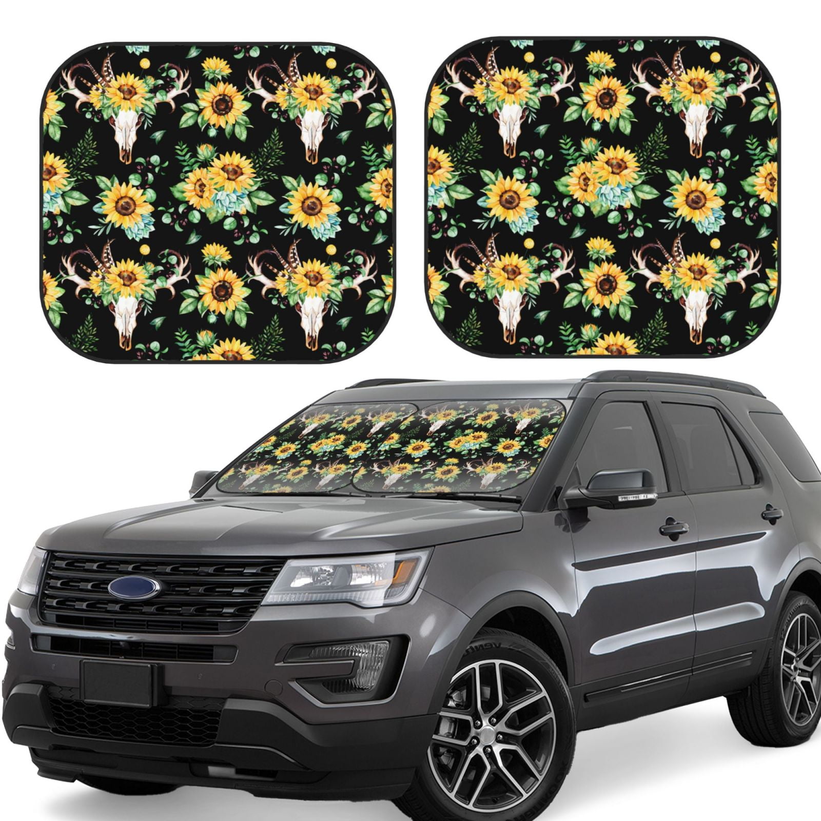 Windshield Sun Shade, Sunflower Skull Boho Foldable Car Sun Shade ...