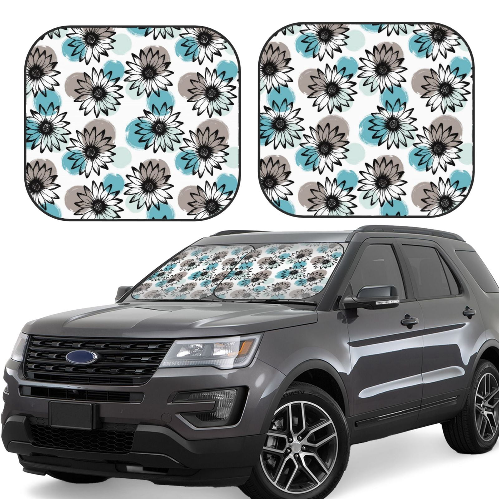 Windshield Sun Shade, Sunflowers Blue Green 2-Piece Foldablecar ...