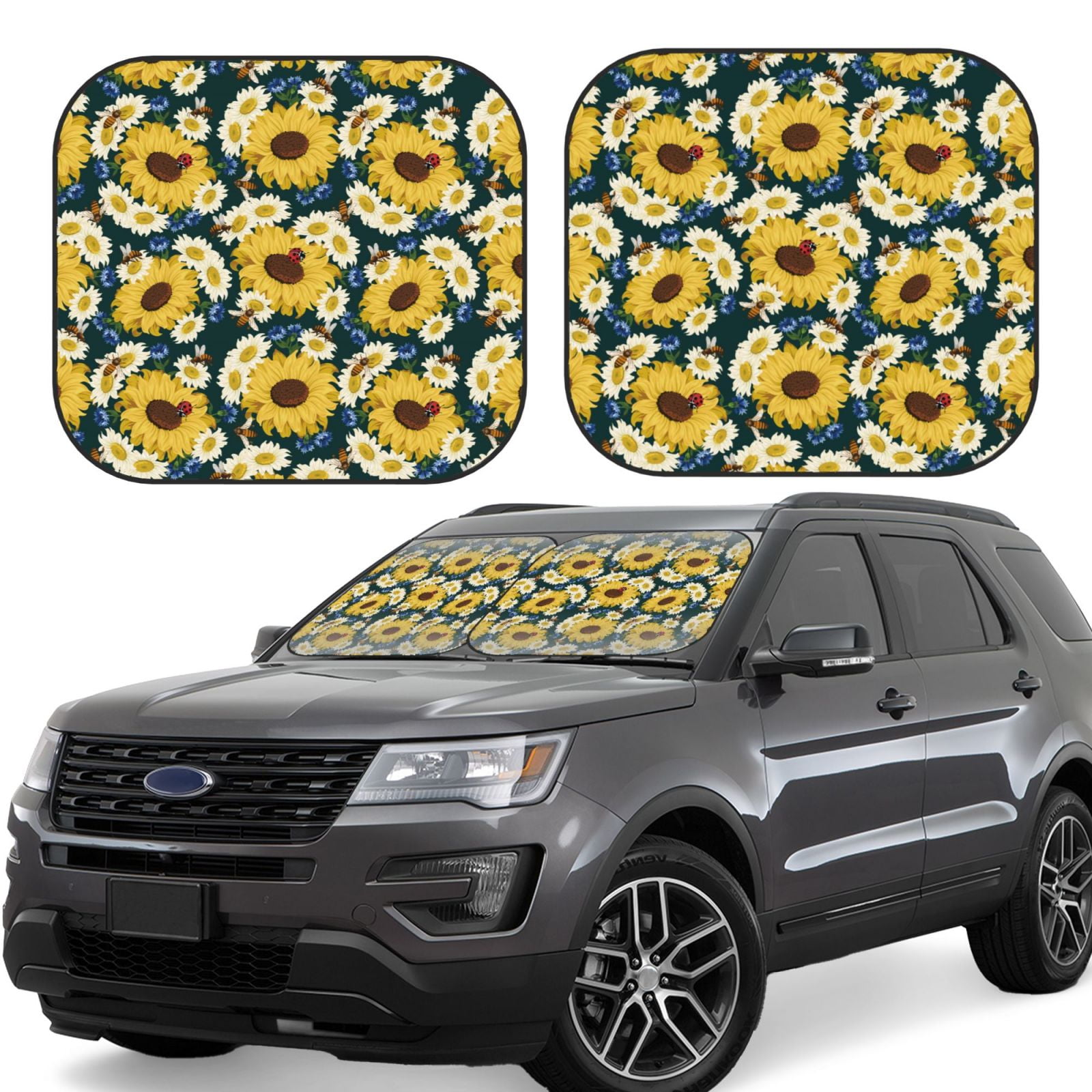 Windshield Sun Shade, Sunflowers Yellow White 2-Piece Foldablecar ...