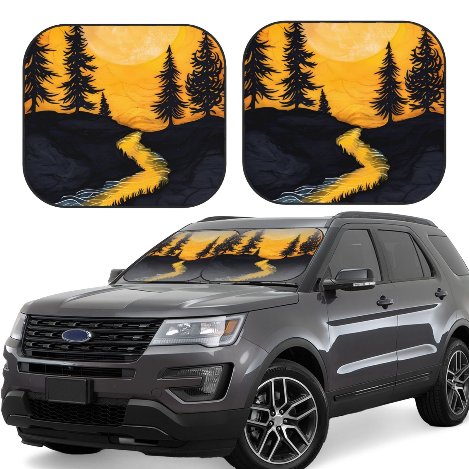 Windshield Sun Shade, Sunset River Pine Trees 2-Piece Foldablecar ...