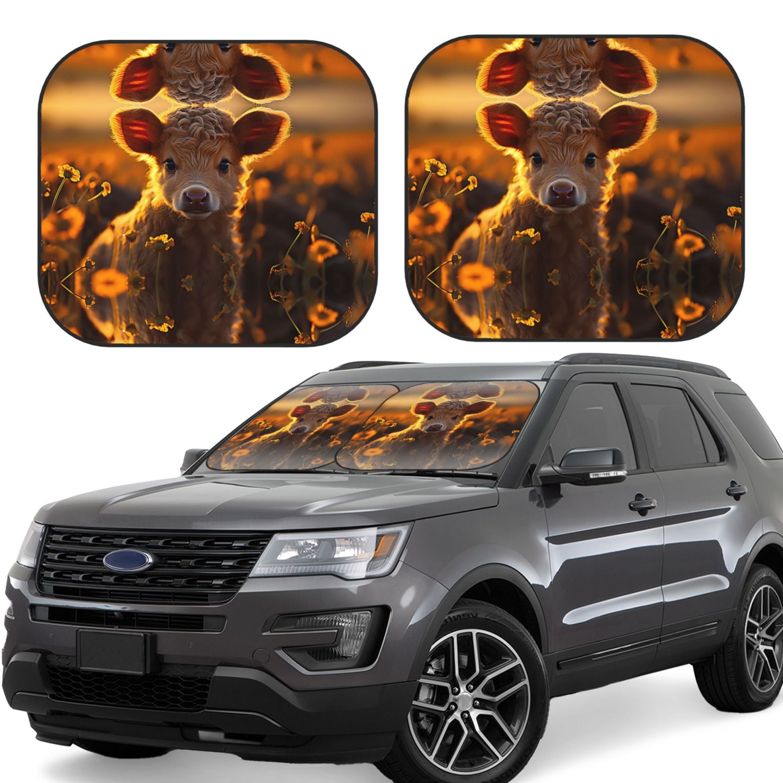 Windshield Sun Shade, Sunset Sunflower Cow Foldable Car Sun Shade Windshield for Front, 2 Pieces ...