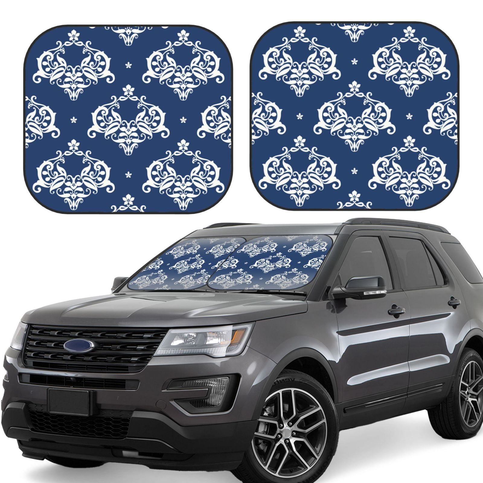Windshield Sun Shade, Traditional vintage navyblue print 2-Piece ...