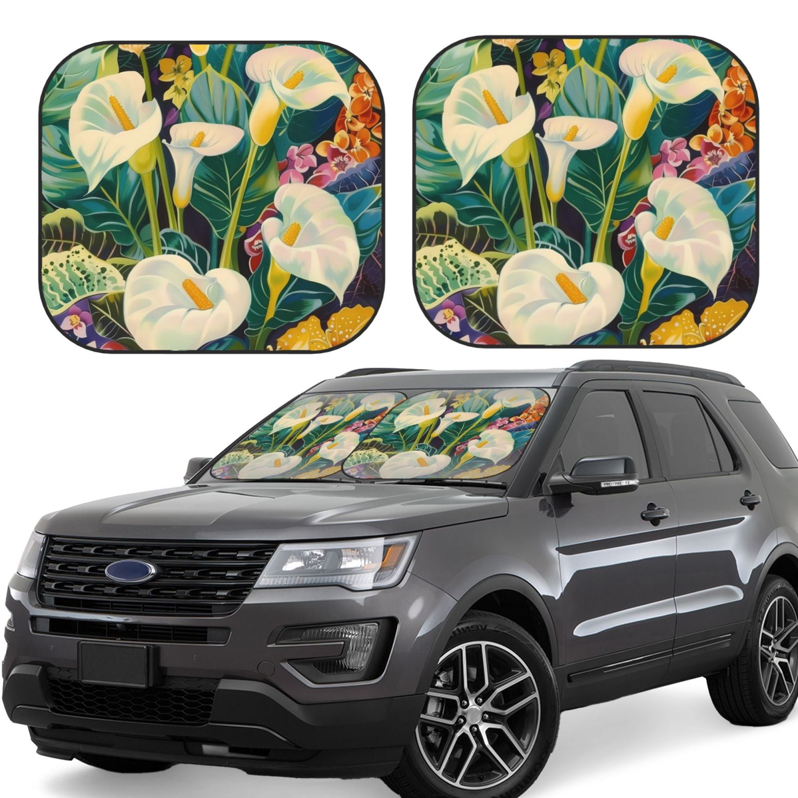 Windshield Sun Shade, Tropical Floral Jungle 2-Piece Foldablecar ...