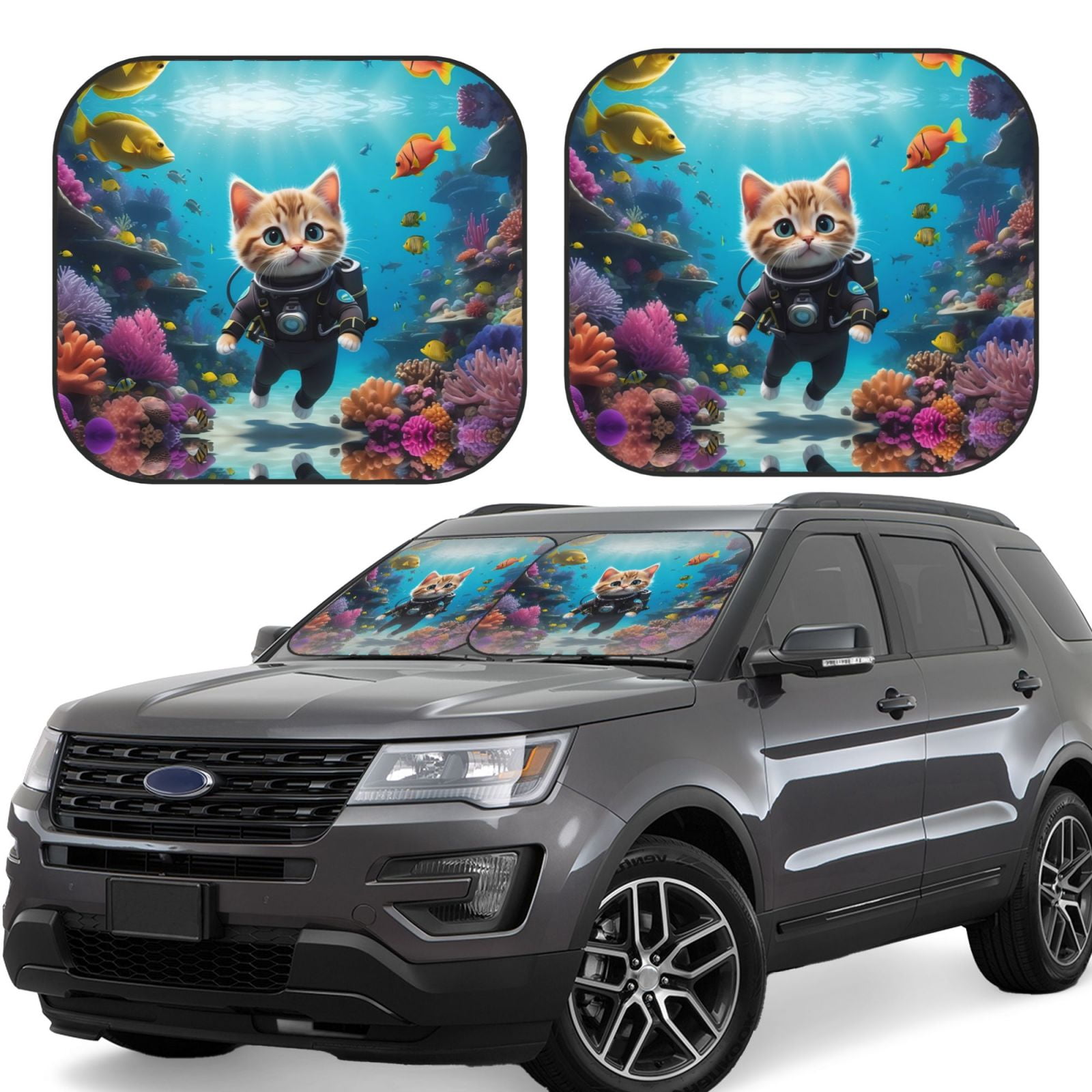 Windshield Sun Shade Underwater Diving Cat 2 Pieces Car Front Sun Shade ...