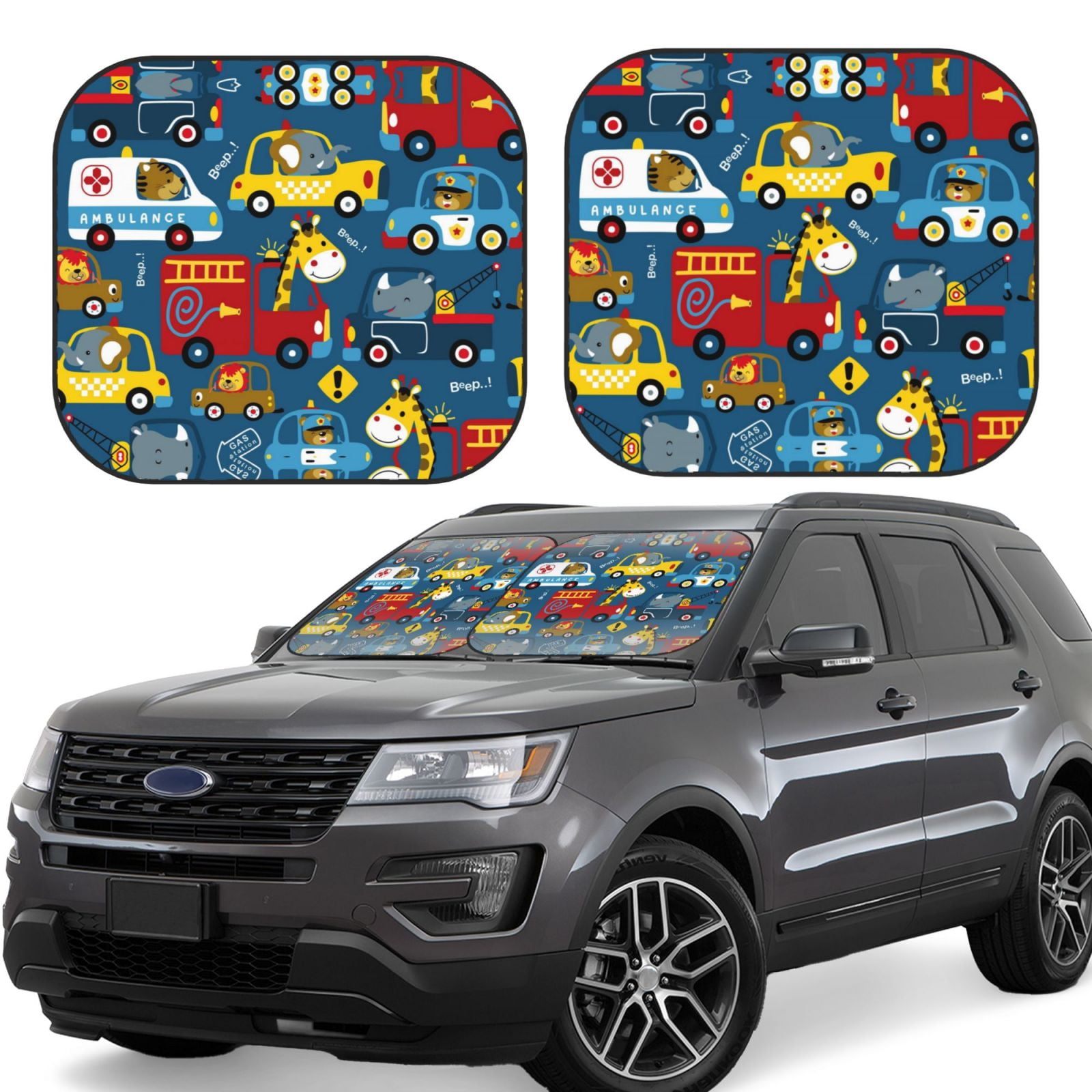 Windshield Sun Shade Vehicles Cartoon 2 Pieces Car Front Sun Shade ...