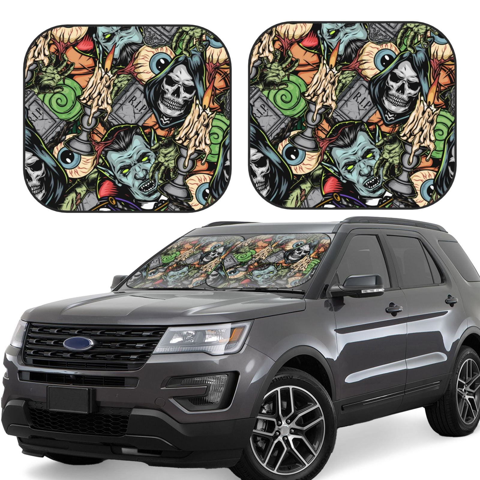 Windshield Sun Shade, Vintage Human Eyes Tombstones 2-Piece Foldablecar ...