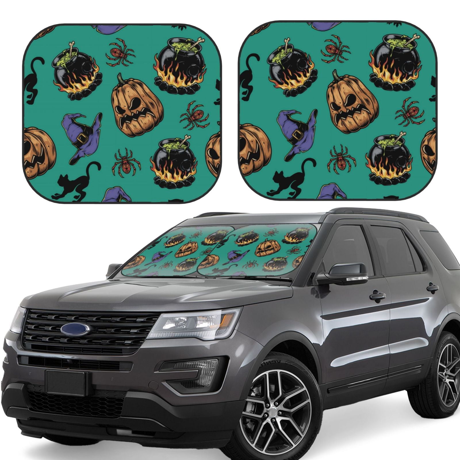 Windshield Sun Shade Vintage Pumpkin Spider Cat 2 Pieces Car Front Sun ...