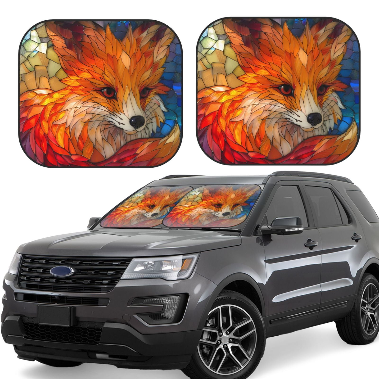 Windshield Sun Shade Vintage Stained Glass Fox 2 Pieces Car Front Sun ...