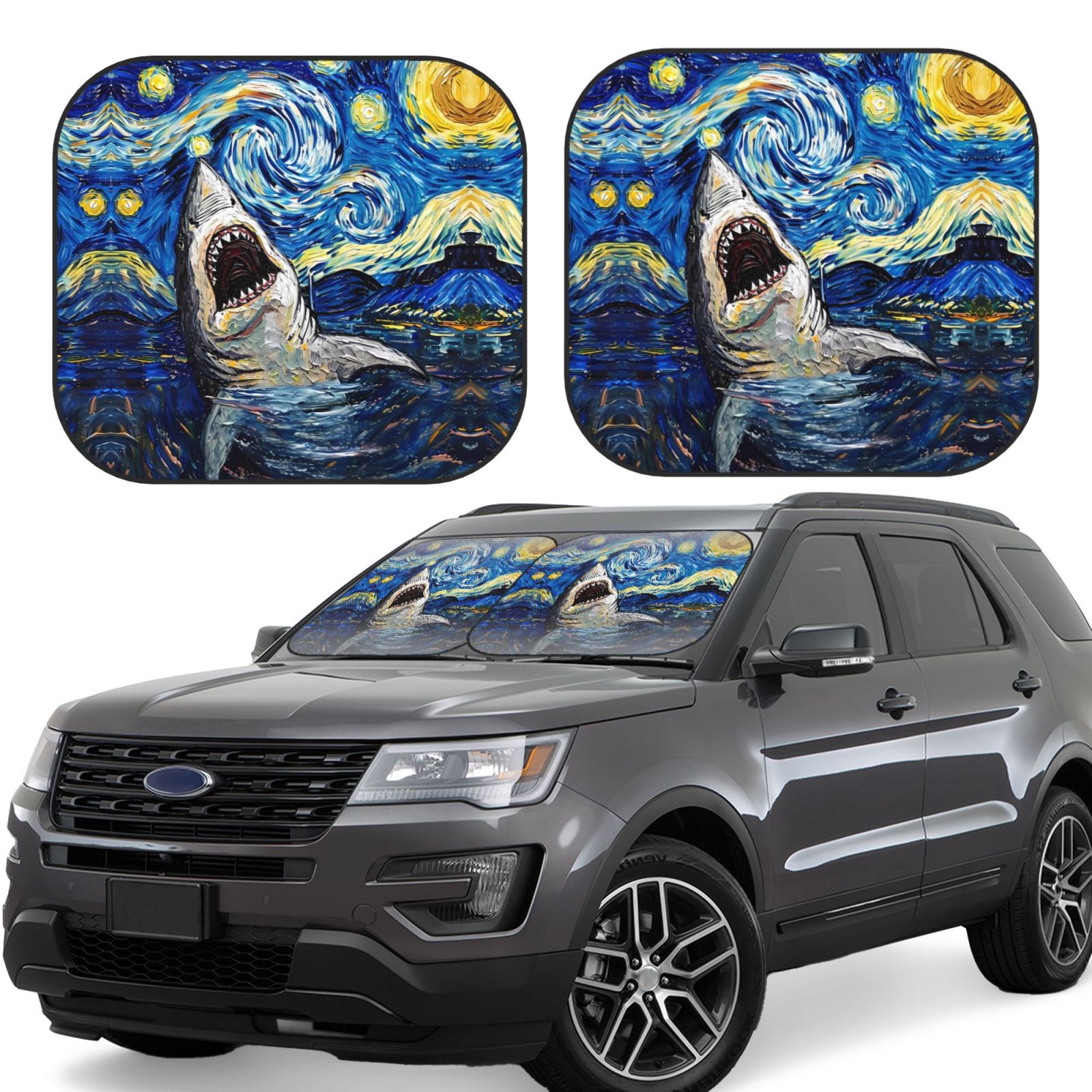 Windshield Sun Shade Vintage Starry Sky Shark 2 Pieces Car Front Sun ...
