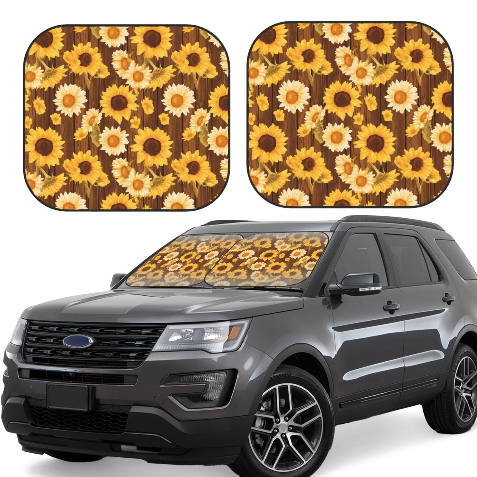 Windshield Sun Shade, Vintage Wood Grain Sunflower A Foldable Car Sun ...