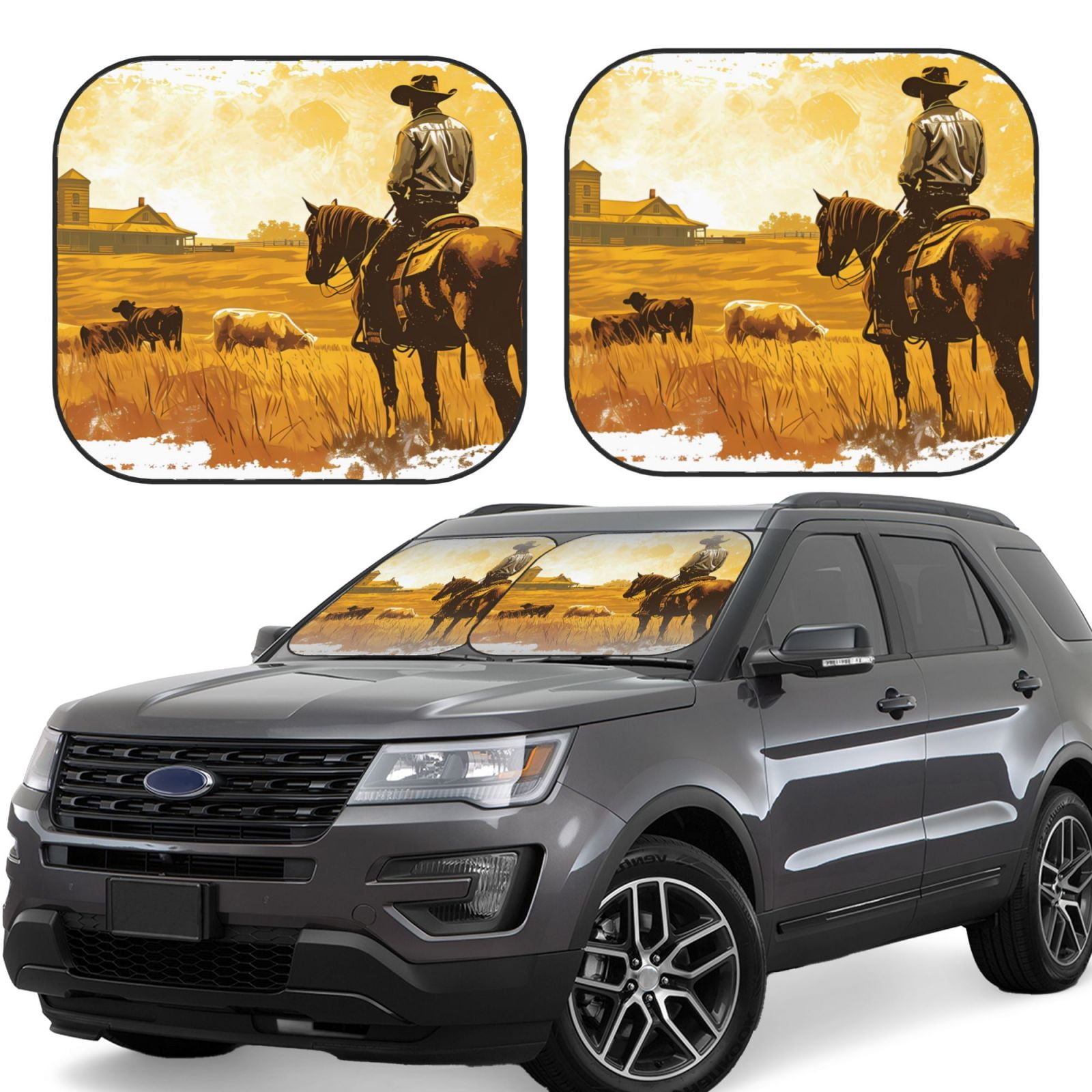 Windshield Sun Shade Western Cowboy Ranch 2 Pieces Car Front Sun Shade ...