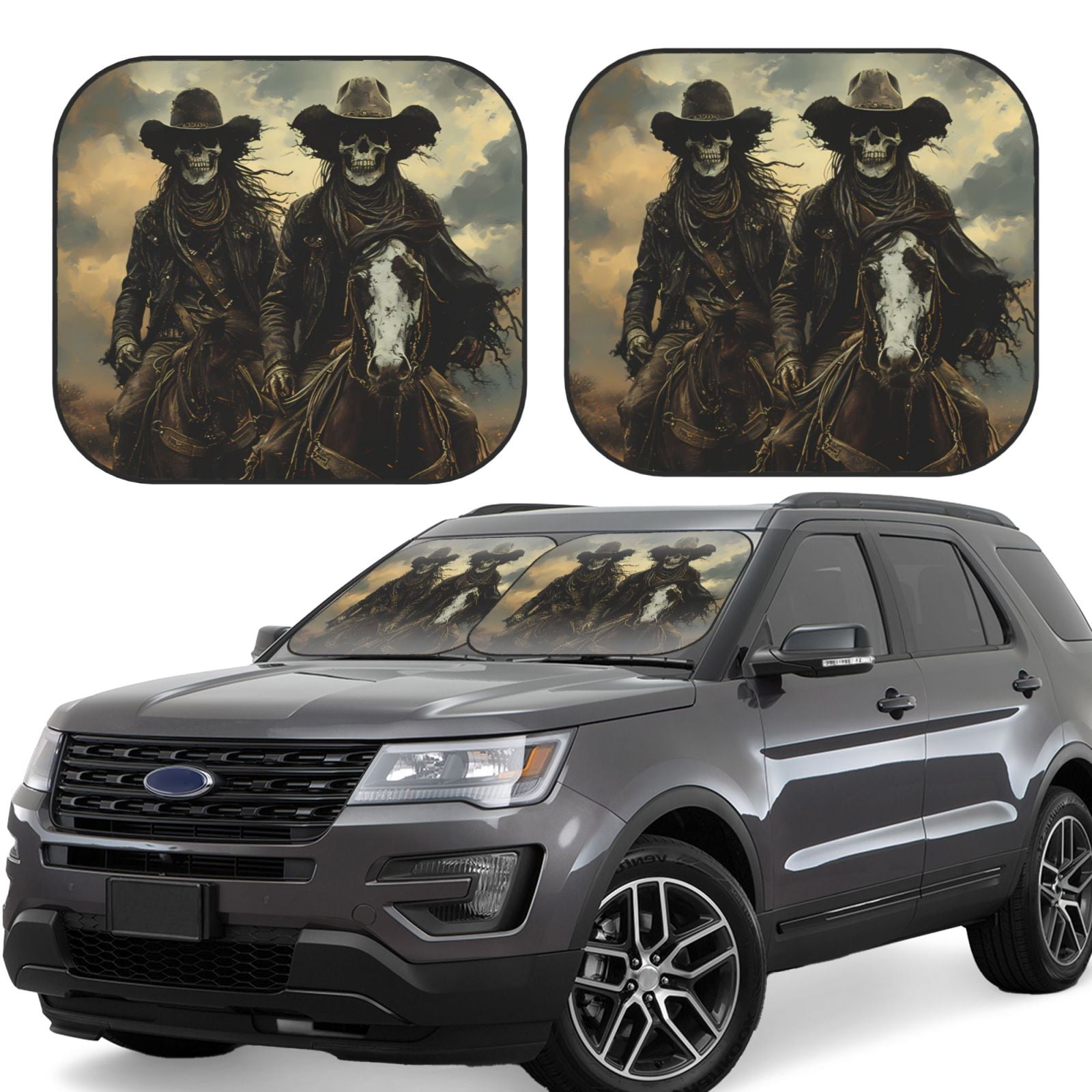 Windshield Sun Shade, Western Desert Skull Cowboy 2-Piece Foldablecar ...