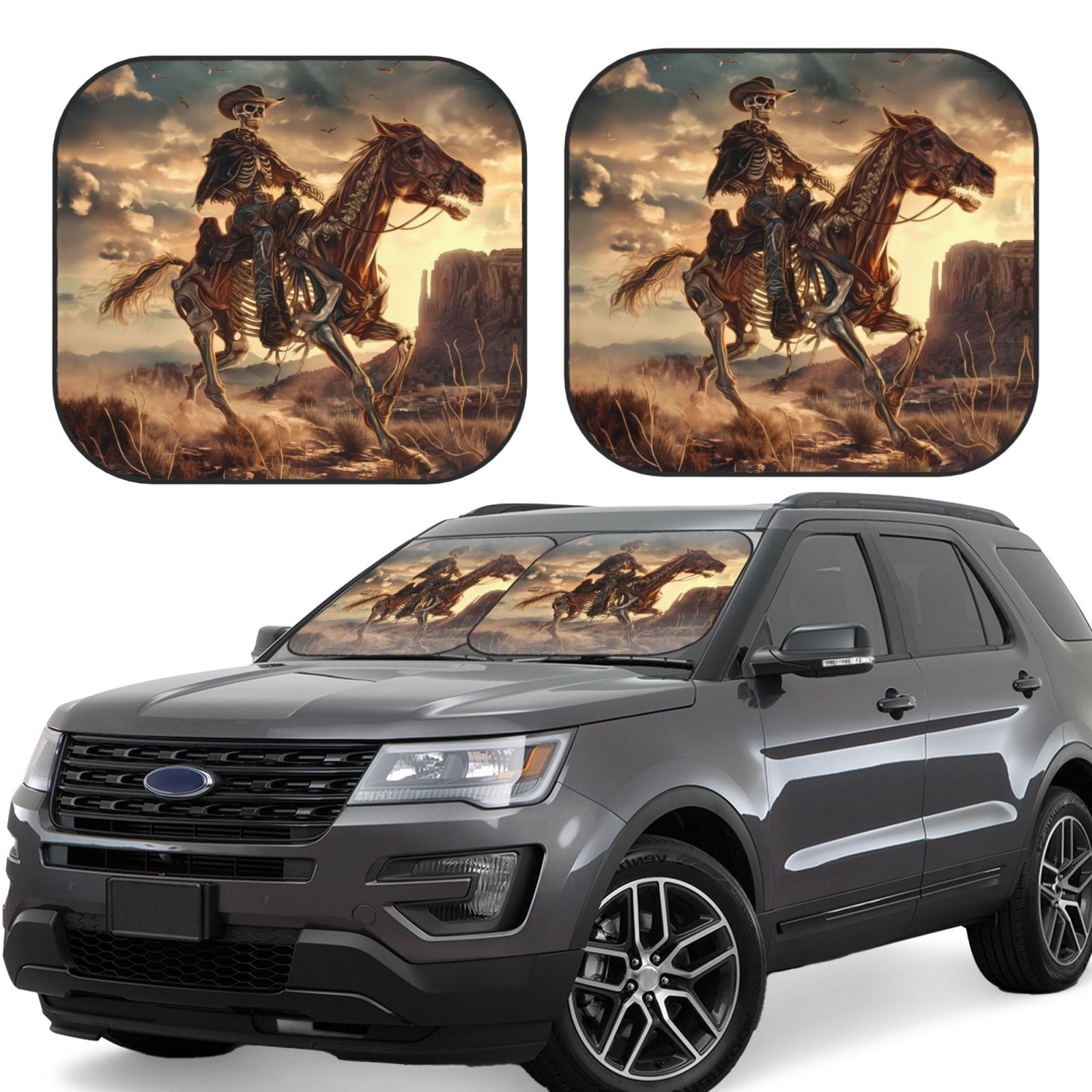 Windshield Sun Shade, Western Skeleton Cowboy Horse 2-Piece Foldablecar ...