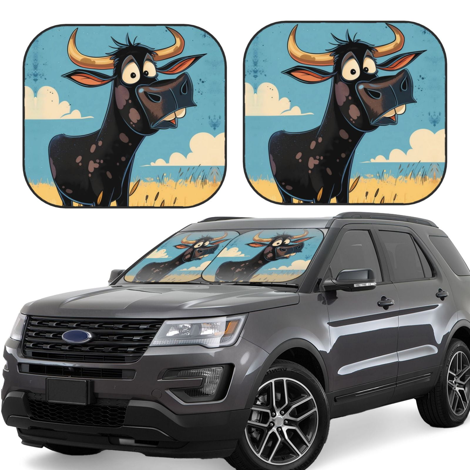 Windshield Sun Shade Whimsical Cartoon Cow 2 Pieces Car Front Sun Shade ...