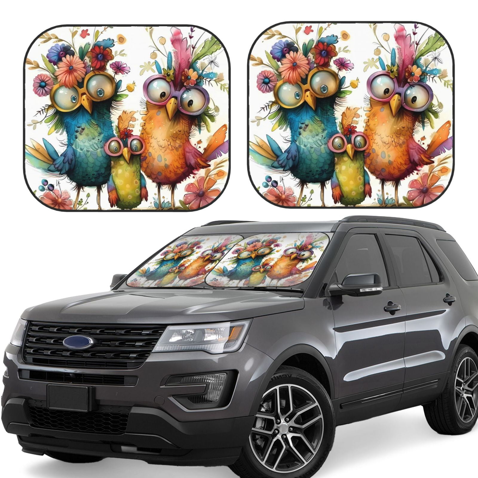 Windshield Sun Shade, Whimsical Owl Family Flowers 2-Piece Foldable car ...