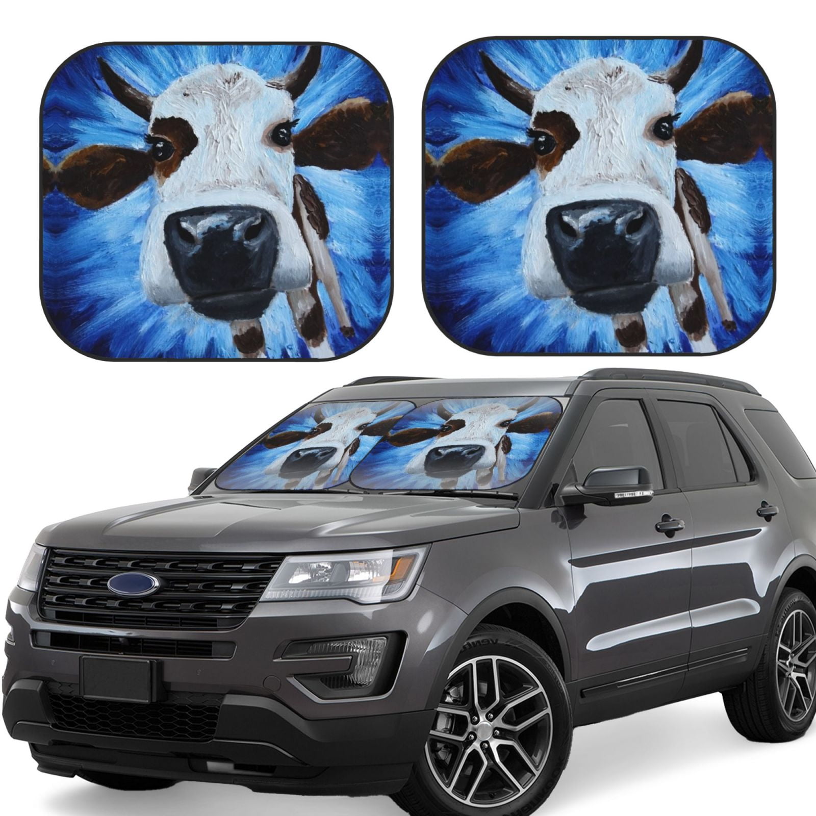 Windshield Sun Shade White Cow On Blue Oil Painting 2 Pieces Car Front ...