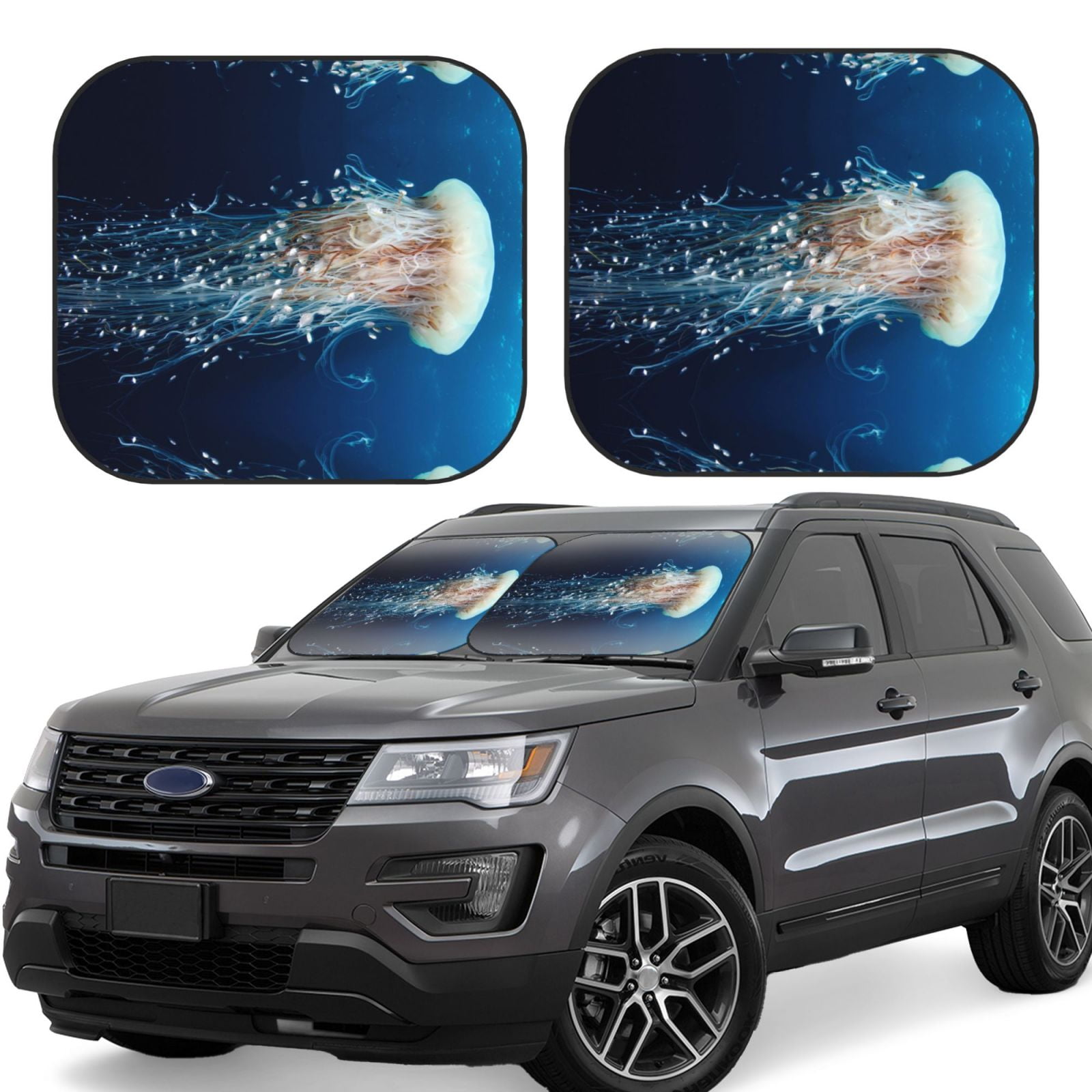 Windshield Sun Shade, White Jellyfish Dansing in the Ocean 2-Piece ...