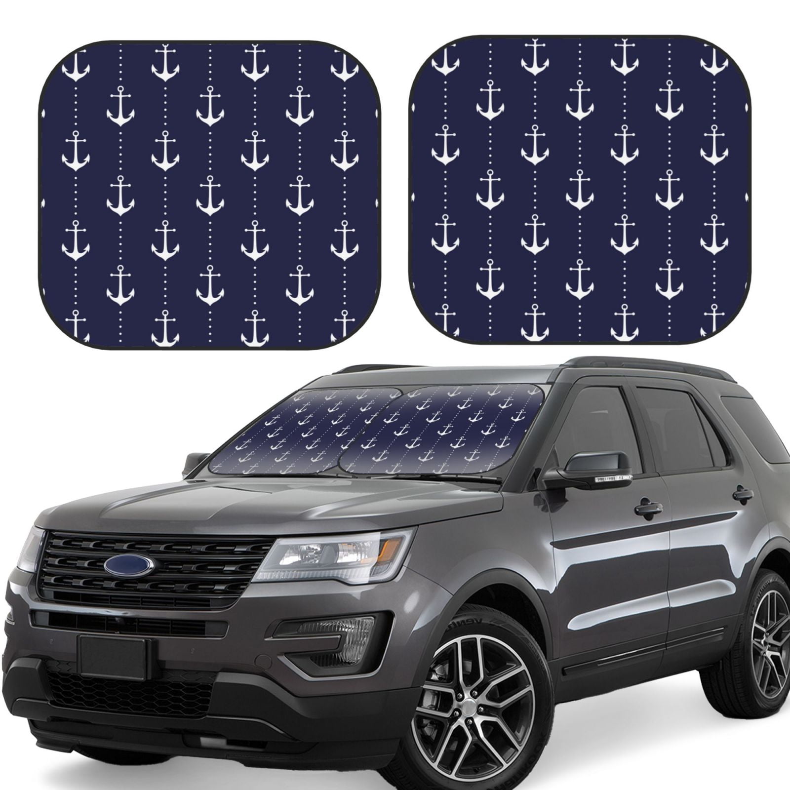 Windshield Sun Shade, White anchors dots navyblue 2-Piece Foldablecar ...