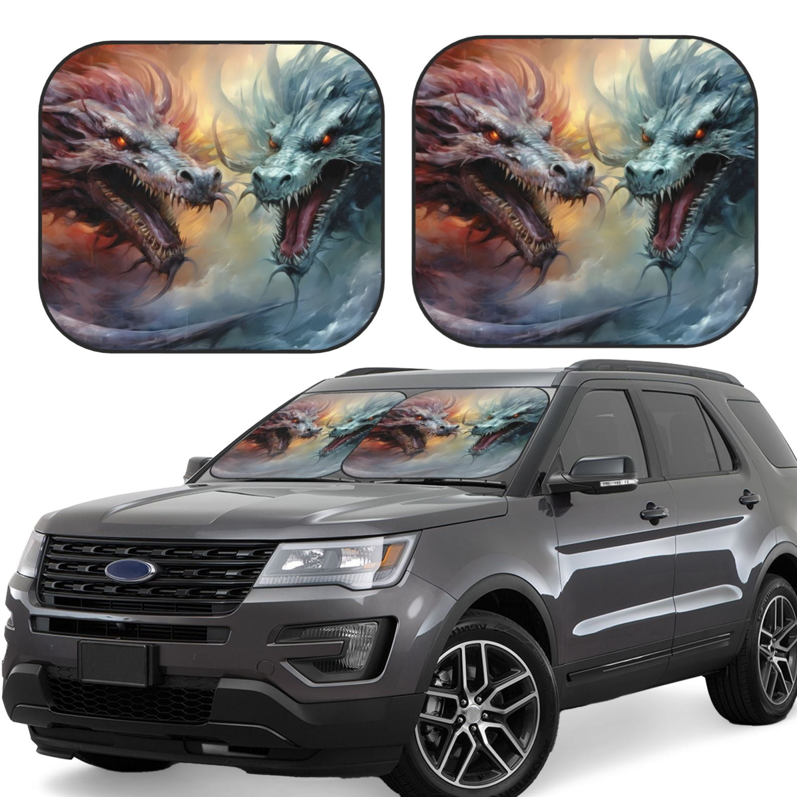 Windshield Sun Shade White and Red Storm Dragon 2 Pieces Car Front Sun ...