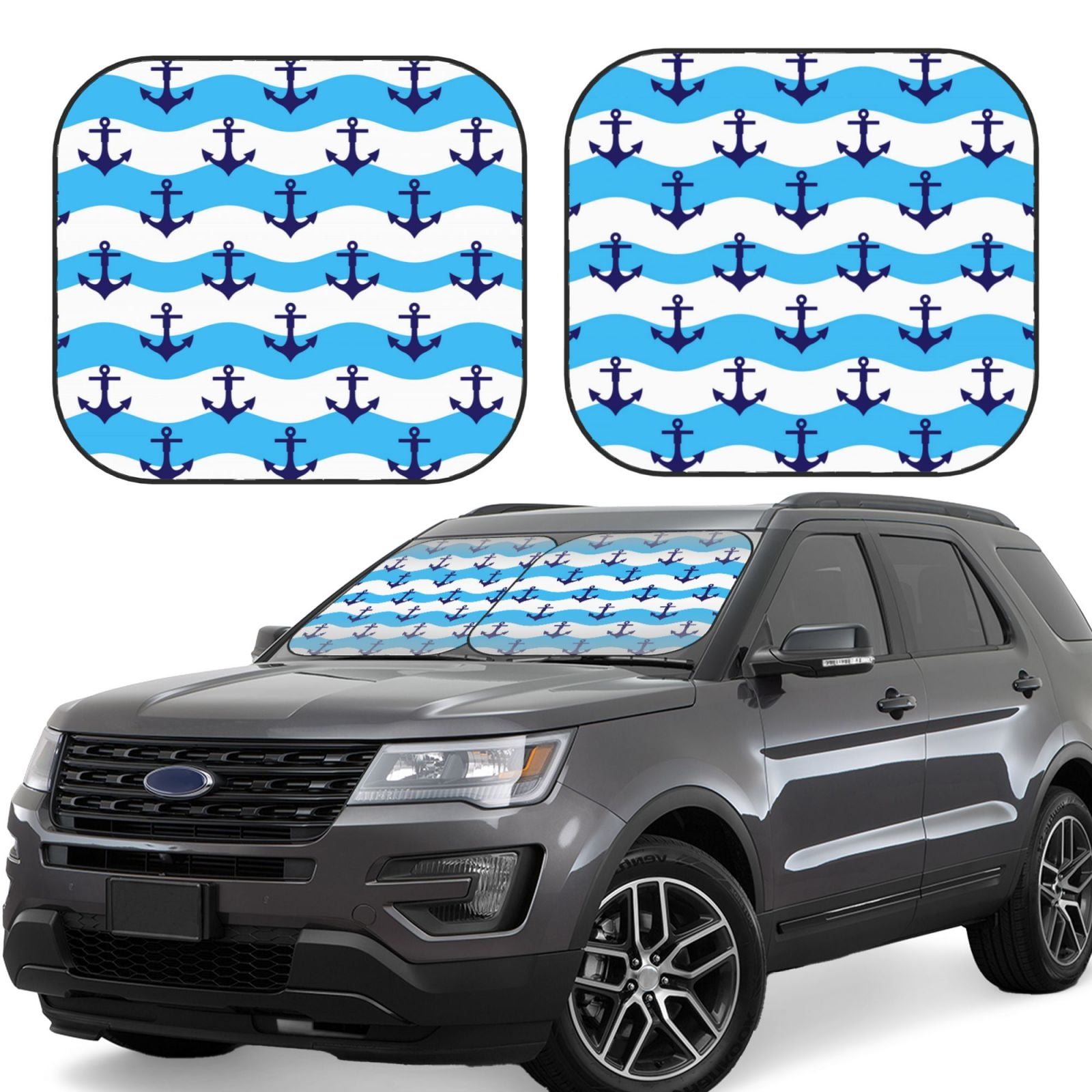 Windshield Sun Shade anchors cute blue white wave 2 Pieces Car Front ...