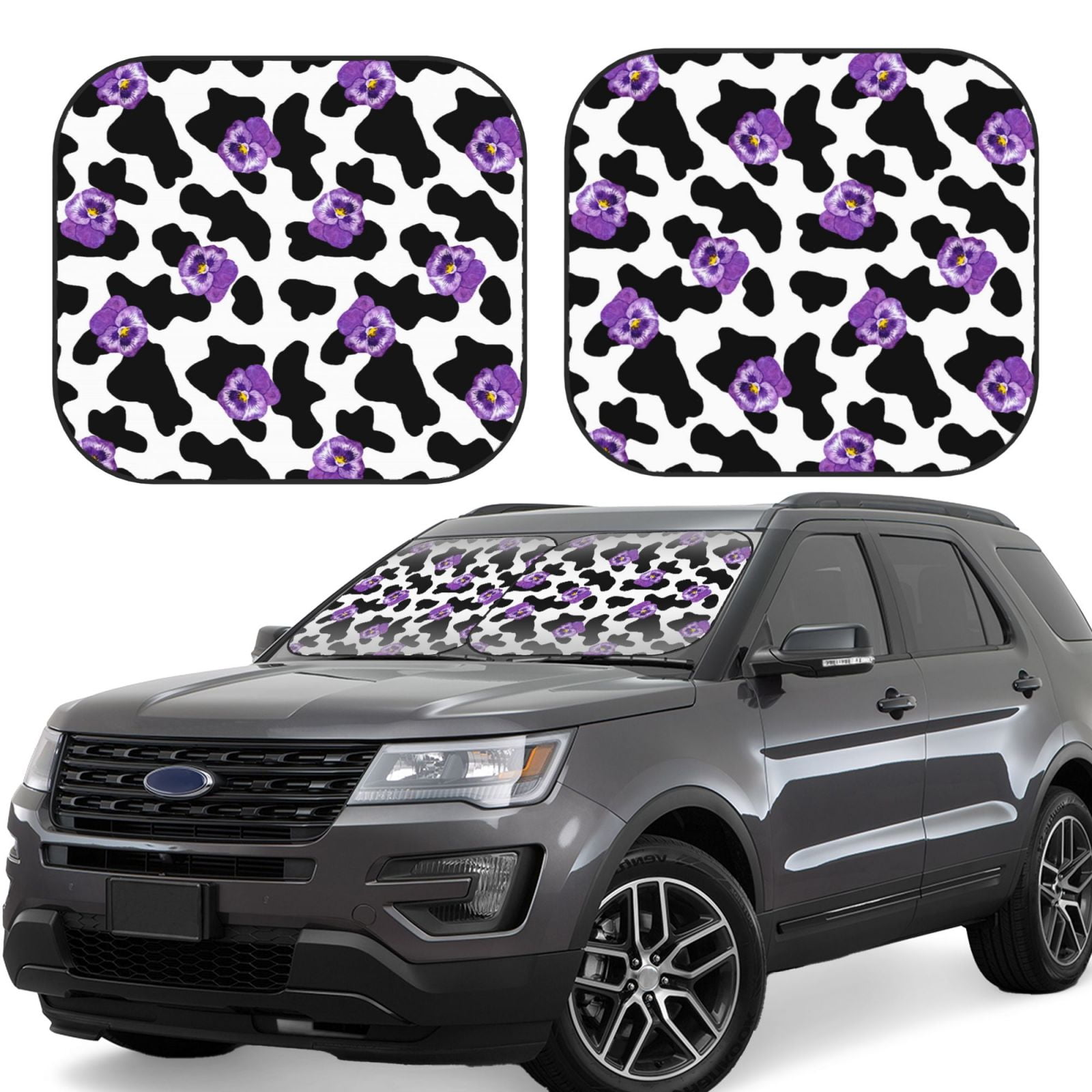 Windshield Sun Shade cow print purple violet flower 2 Pieces Car Front ...