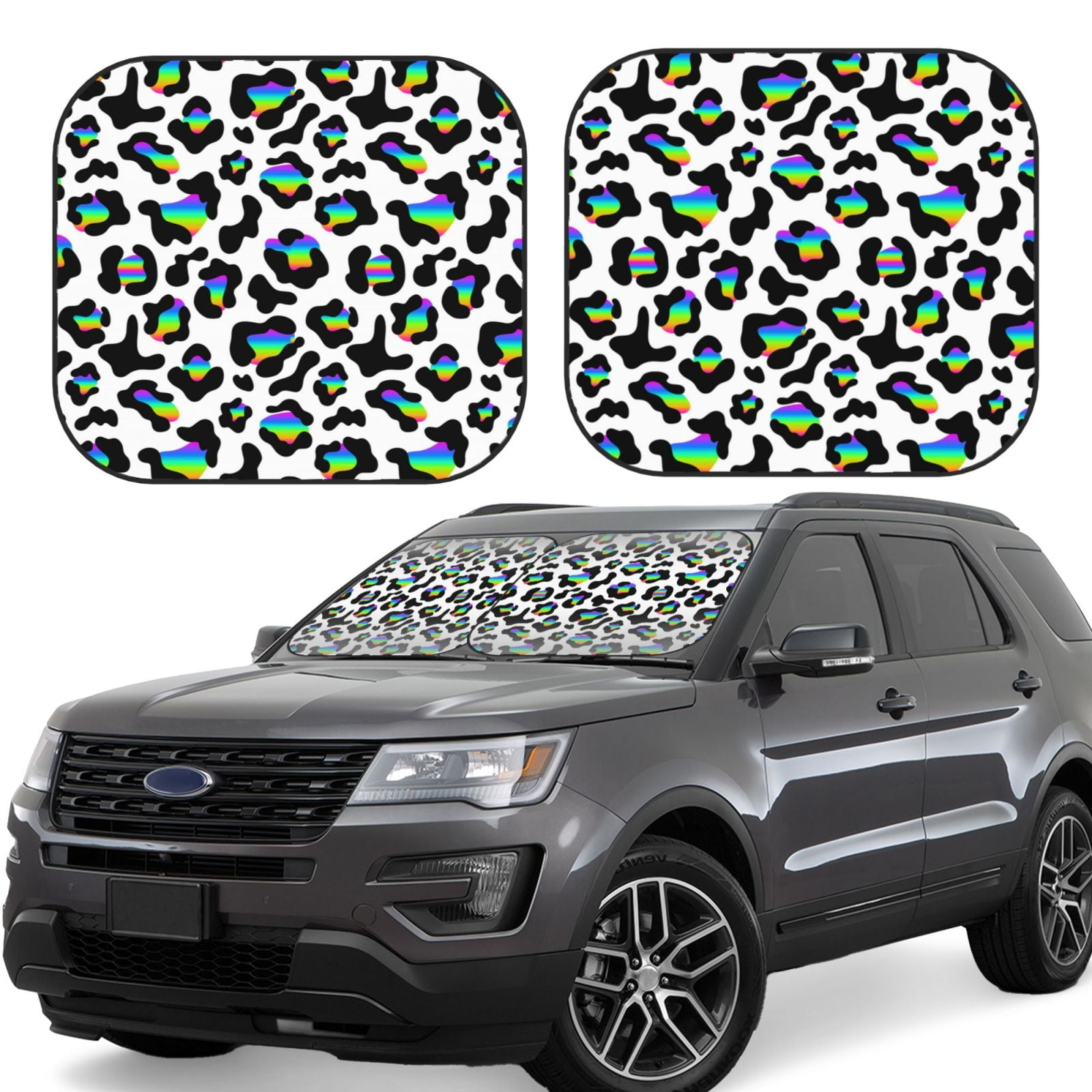 Windshield Sun Shade cute Rainbow leopard white 2 Pieces Car Front Sun ...