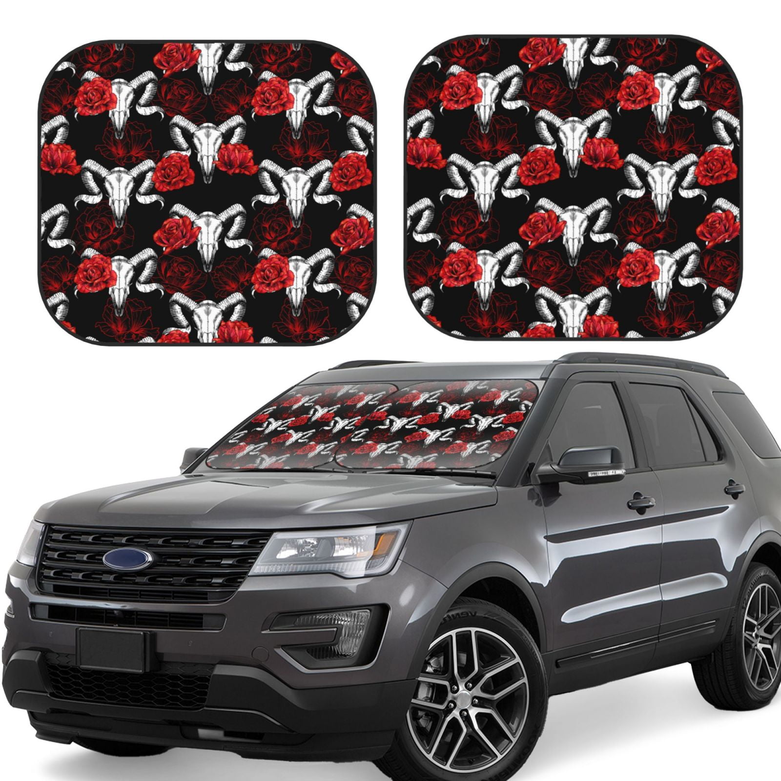 Windshield Sun Shade, goat skull red roses black cool 2-Piece ...