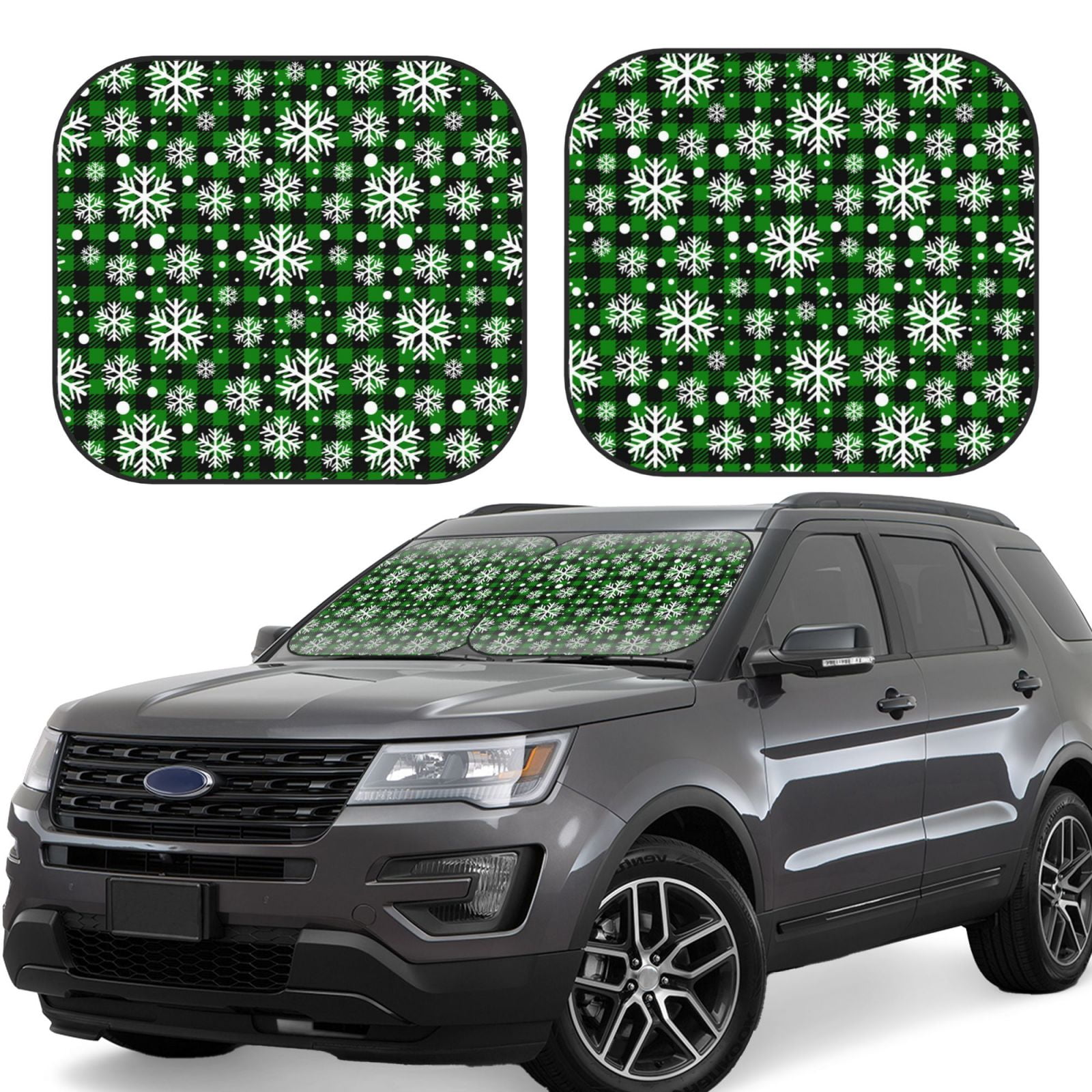 Windshield Sun Shade green grid white snowflakes Plaid 2 Pieces Car ...