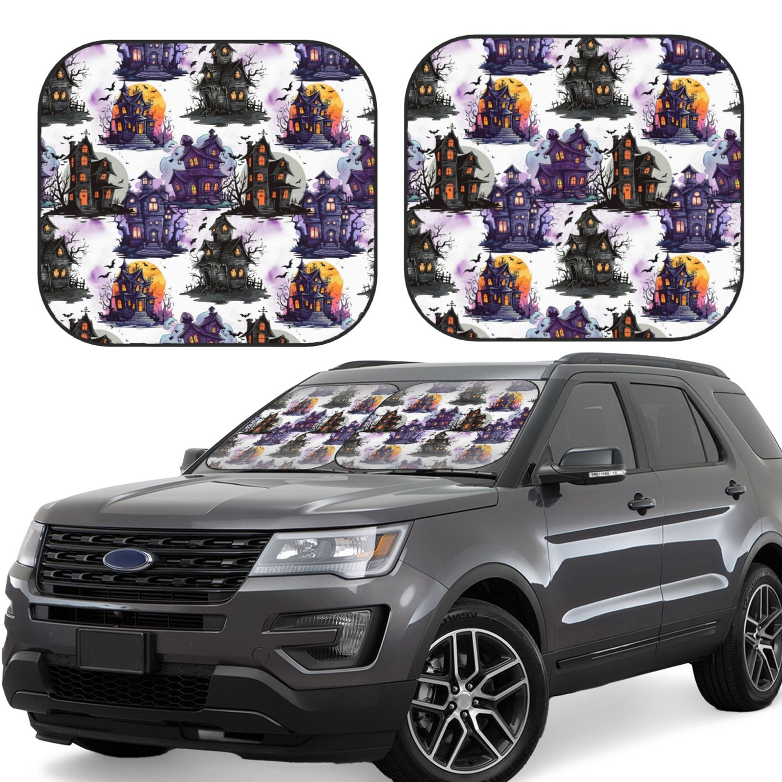 Windshield Sun Shade halloween Patterns 2 Pieces Car Front Sun Shade ...