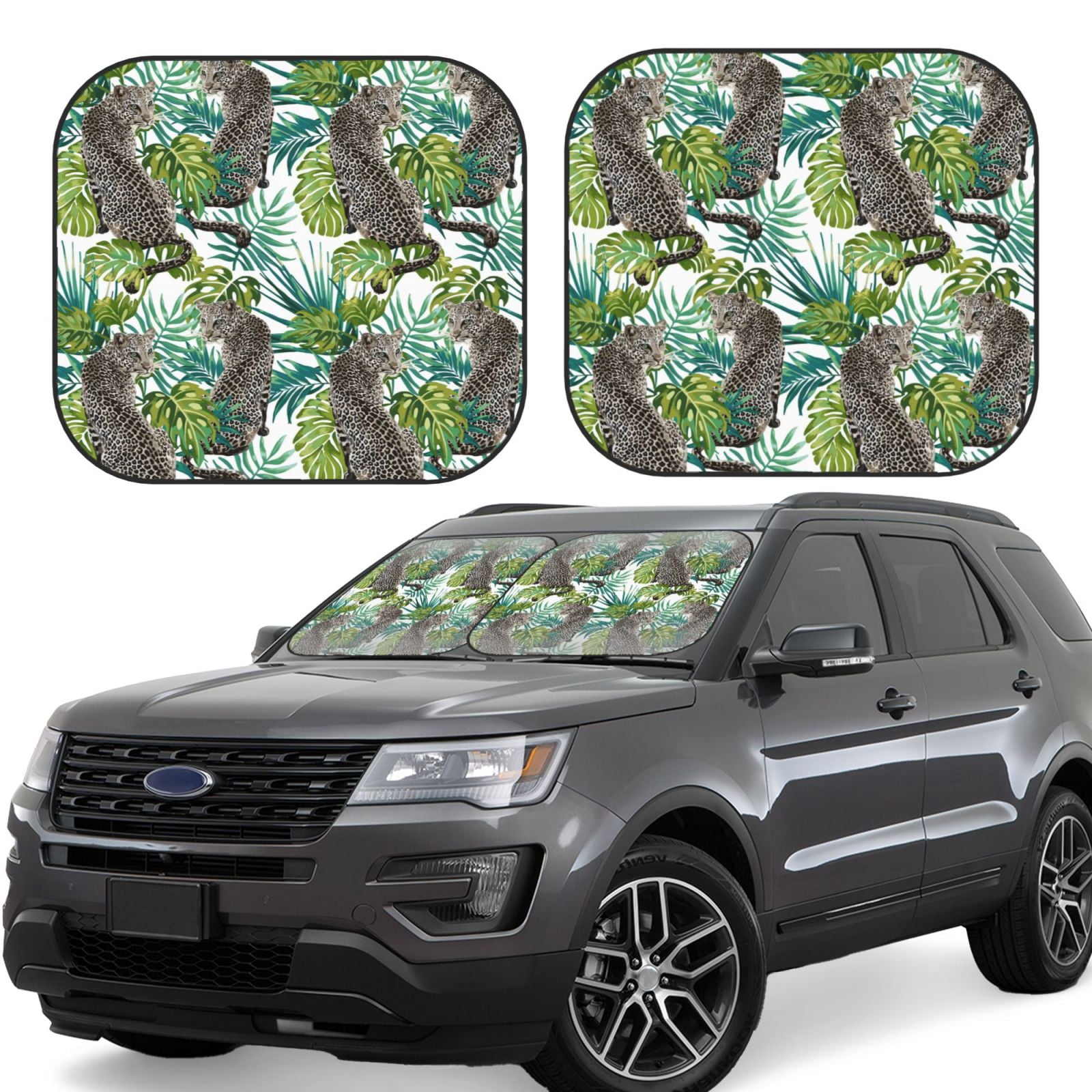 Windshield Sun Shade leopard green tropical leaves 2 Pieces Car Front ...