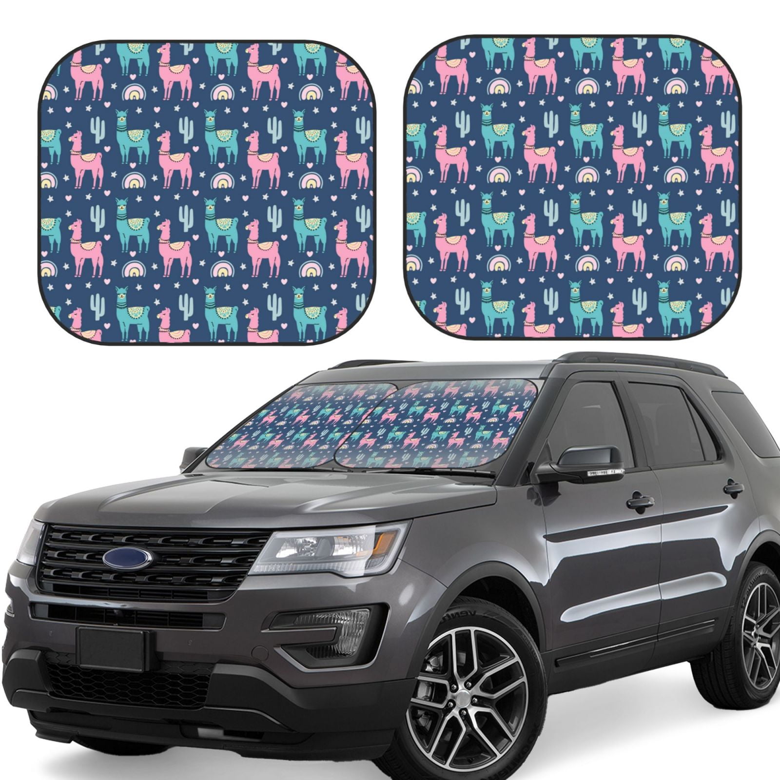 Windshield Sun Shade, Сute lamas cactus rainbow navyblue Foldable Car ...
