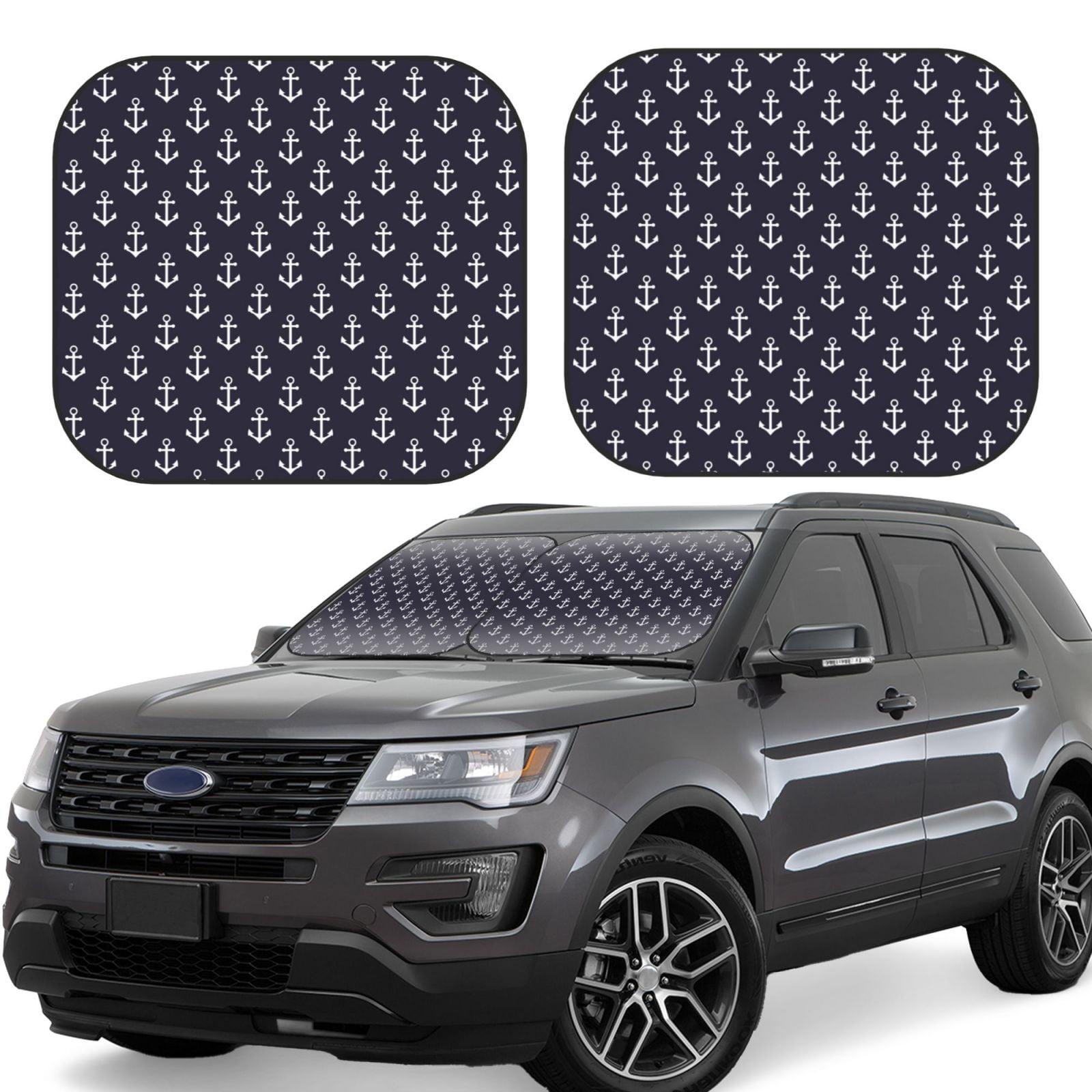 Windshield Sun Shade white anchor navyblue pattern 2 Pieces Car Front ...