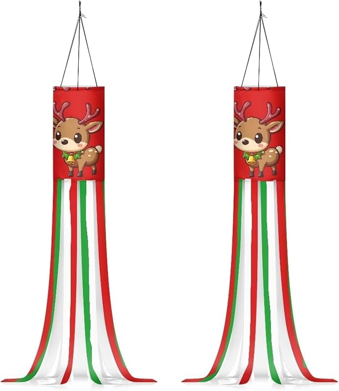 Windsock Flag with Fluttering Ribbons, 2pcs Christmas Deer Print Oxford ...