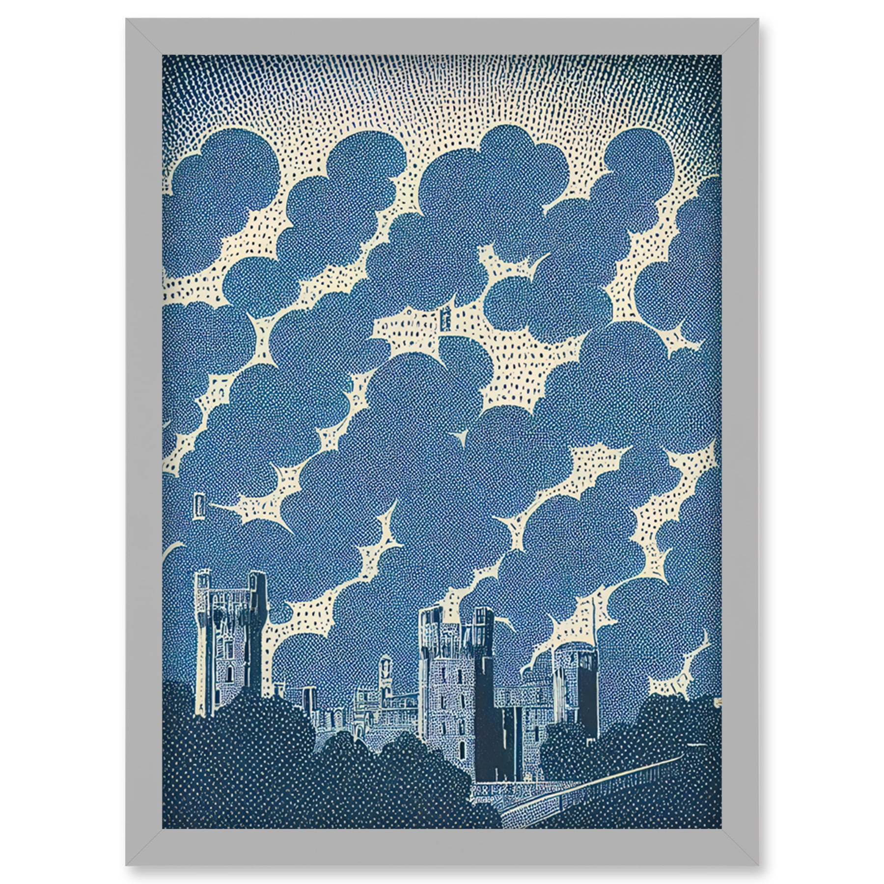 Windsor Castle with Cloudy Sky Lithograph Illustration in Blue Artwork ...