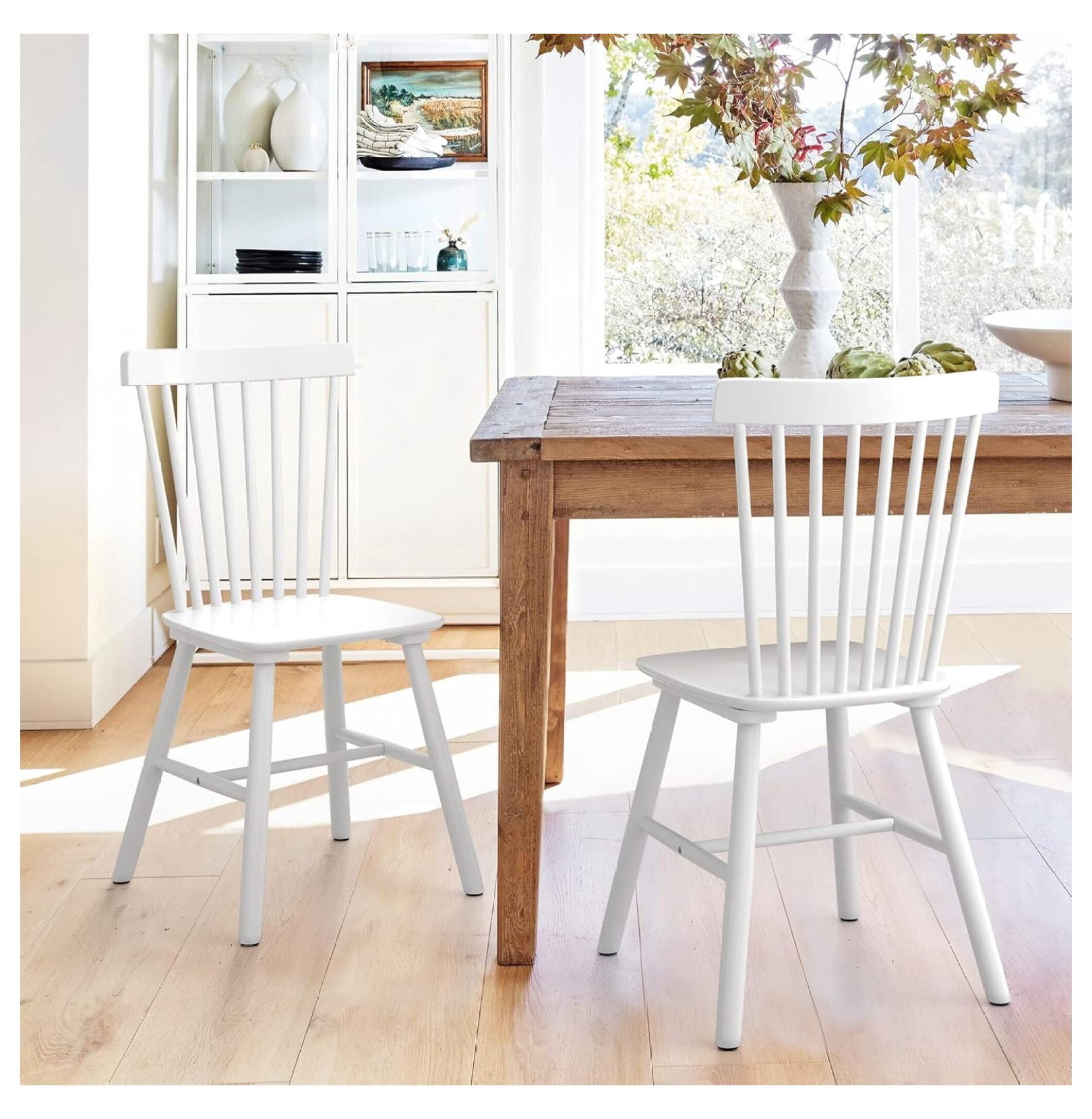 Windsor Dining Chairs Set of 2, Solid White Wood, Slat Back, Arm Rest ...