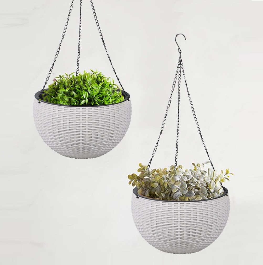 Windsor Home Co Rattan Hanging Plant Pot Set 2 White Durable Resin ...