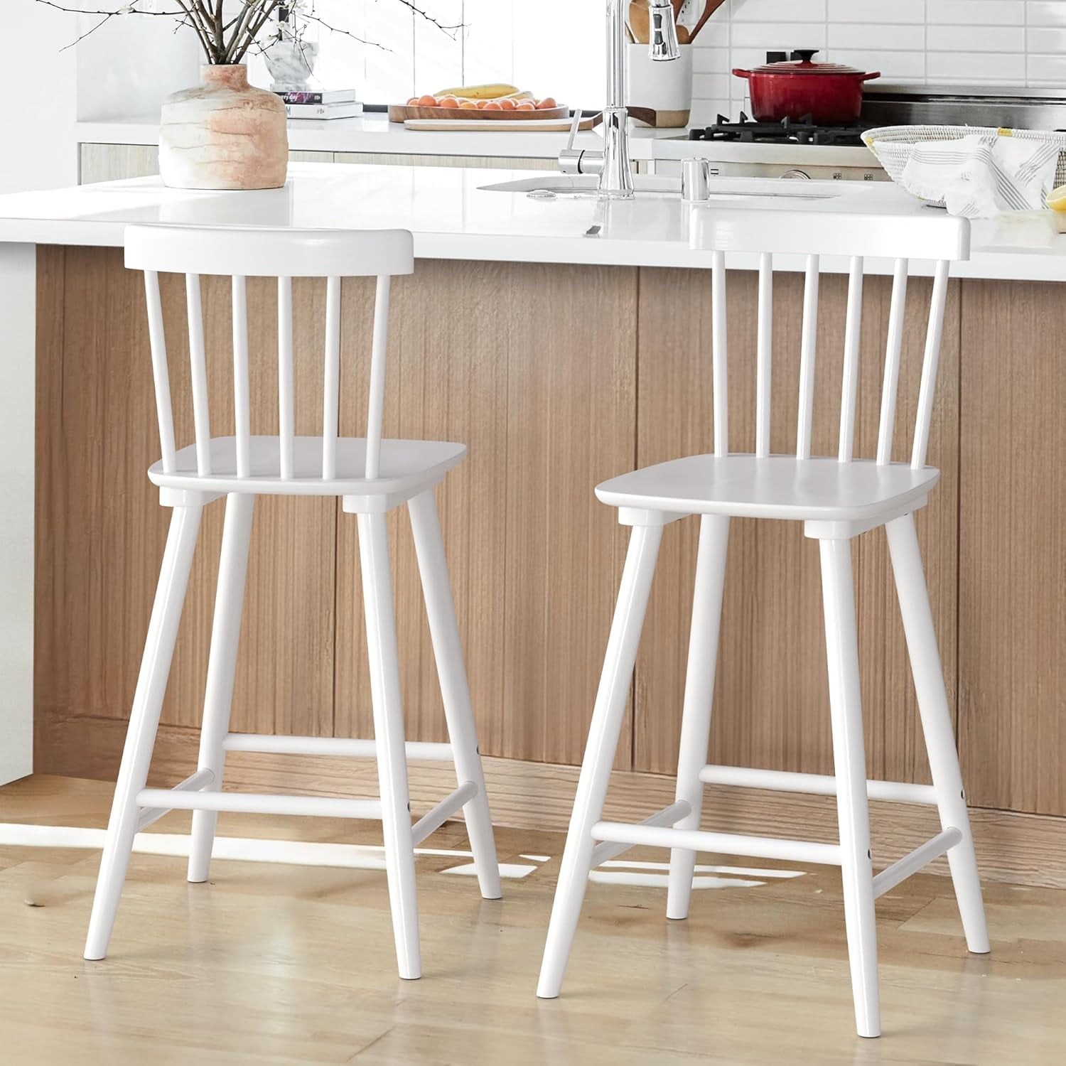 Windsor Wooden Bar Stools Set of 4 for Kitchen Island Farmhouse 24 Inch ...