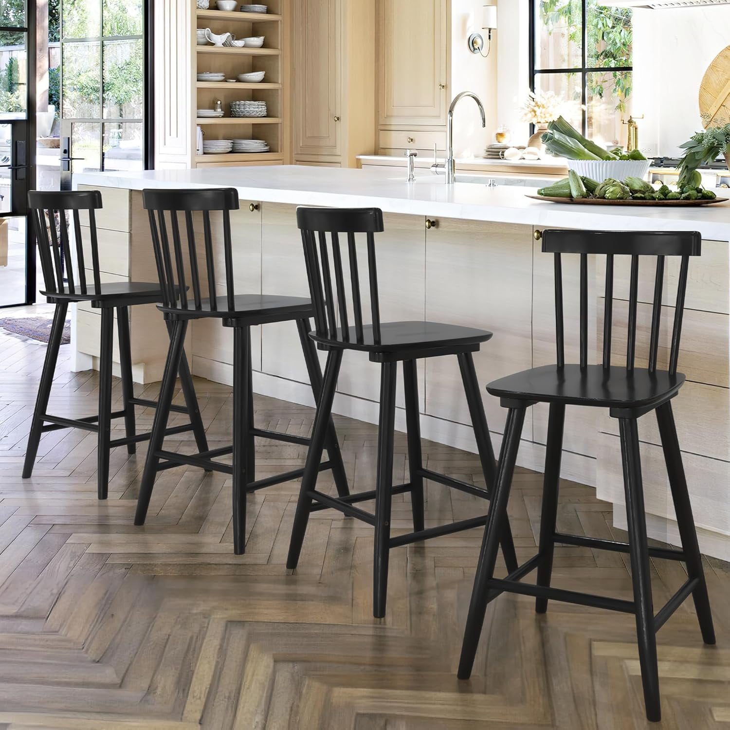 Windsor Wooden Bar Stools Set of 4 for Kitchen Island Farmhouse 24 Inch ...