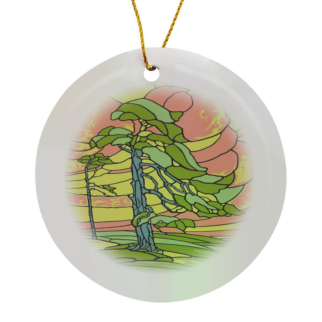 3drose, Windswept Pine Tree Stained Glass Design, Circle Porcelain ...