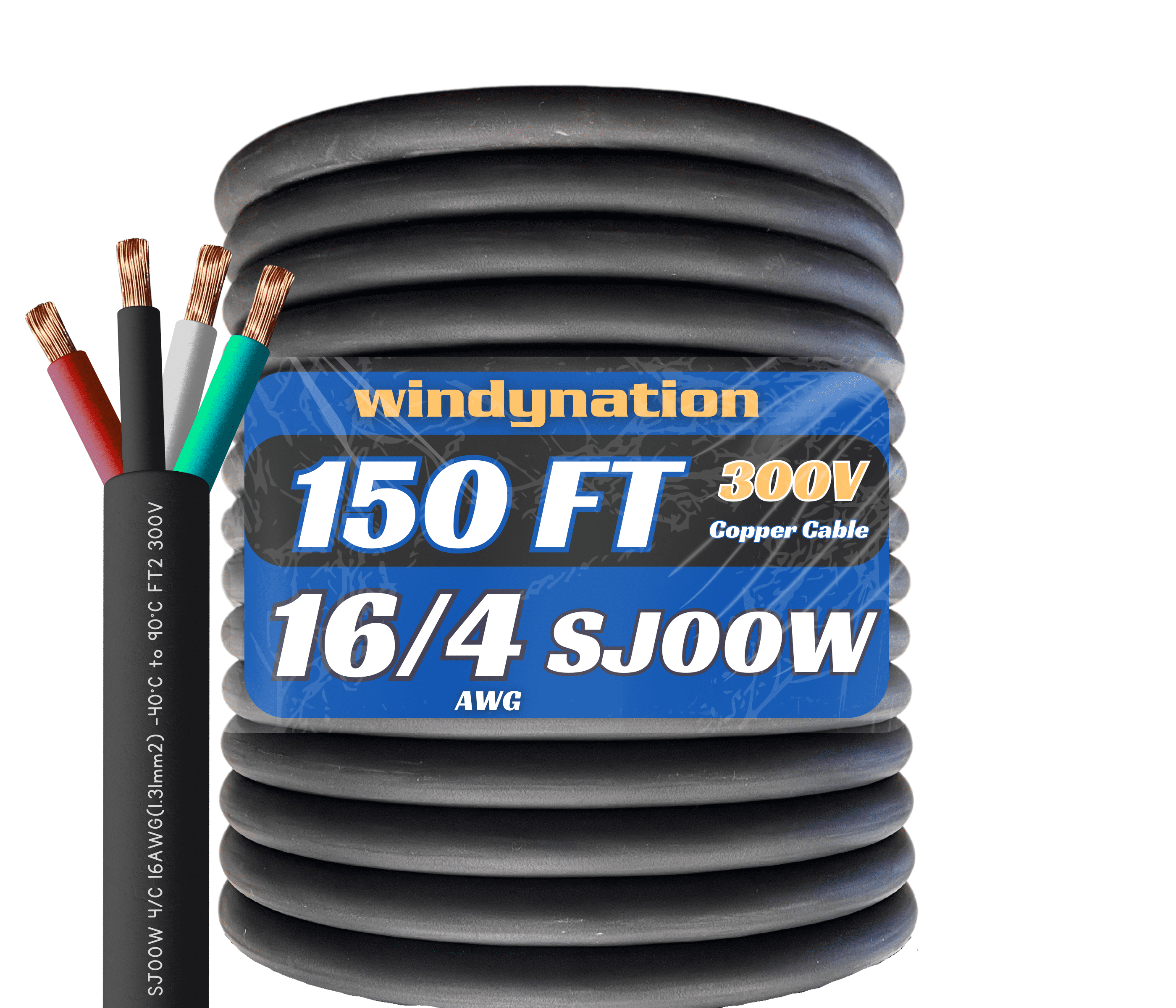 WindyNation 150 Feet 16/4 16 Gauge 4 Conductor Black SJOOW Cable ...