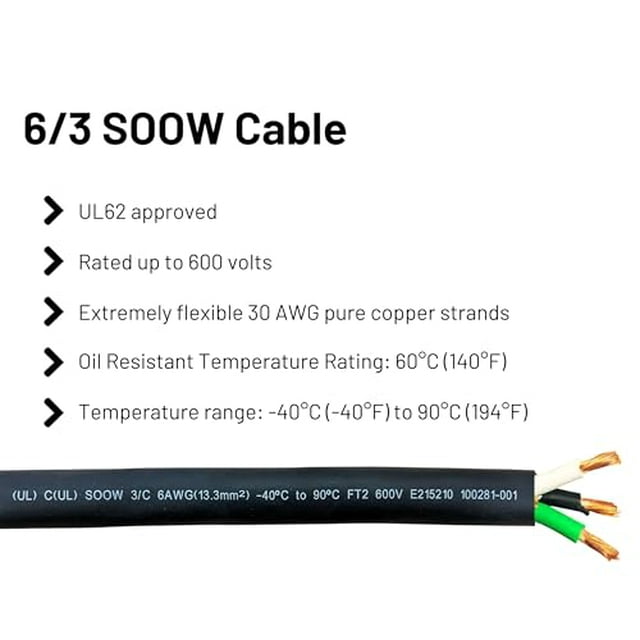 WindyNation 50 Feet 6/3 6 AWG SOOW SO Cable Cord Wire - 6 Gauge 3 ...