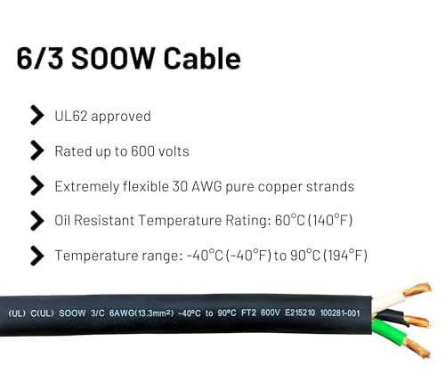 WindyNation 7 Feet 6/3 6 AWG SOOW SO Cable Cord Wire - 6 Gauge 3 ...